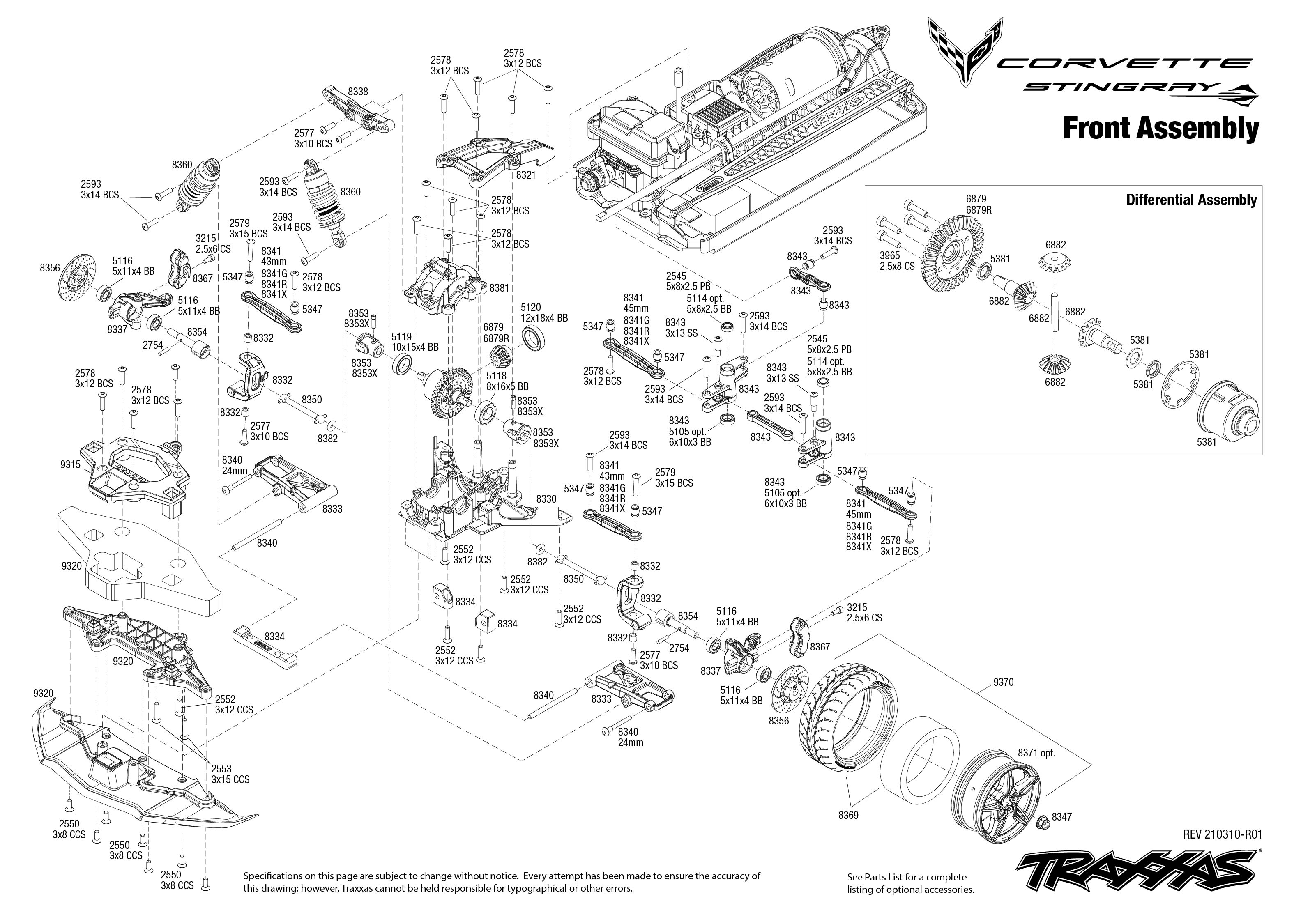 Exploded view: Traxxas C8 Stingray 1:10 RTR - Front part | Astra