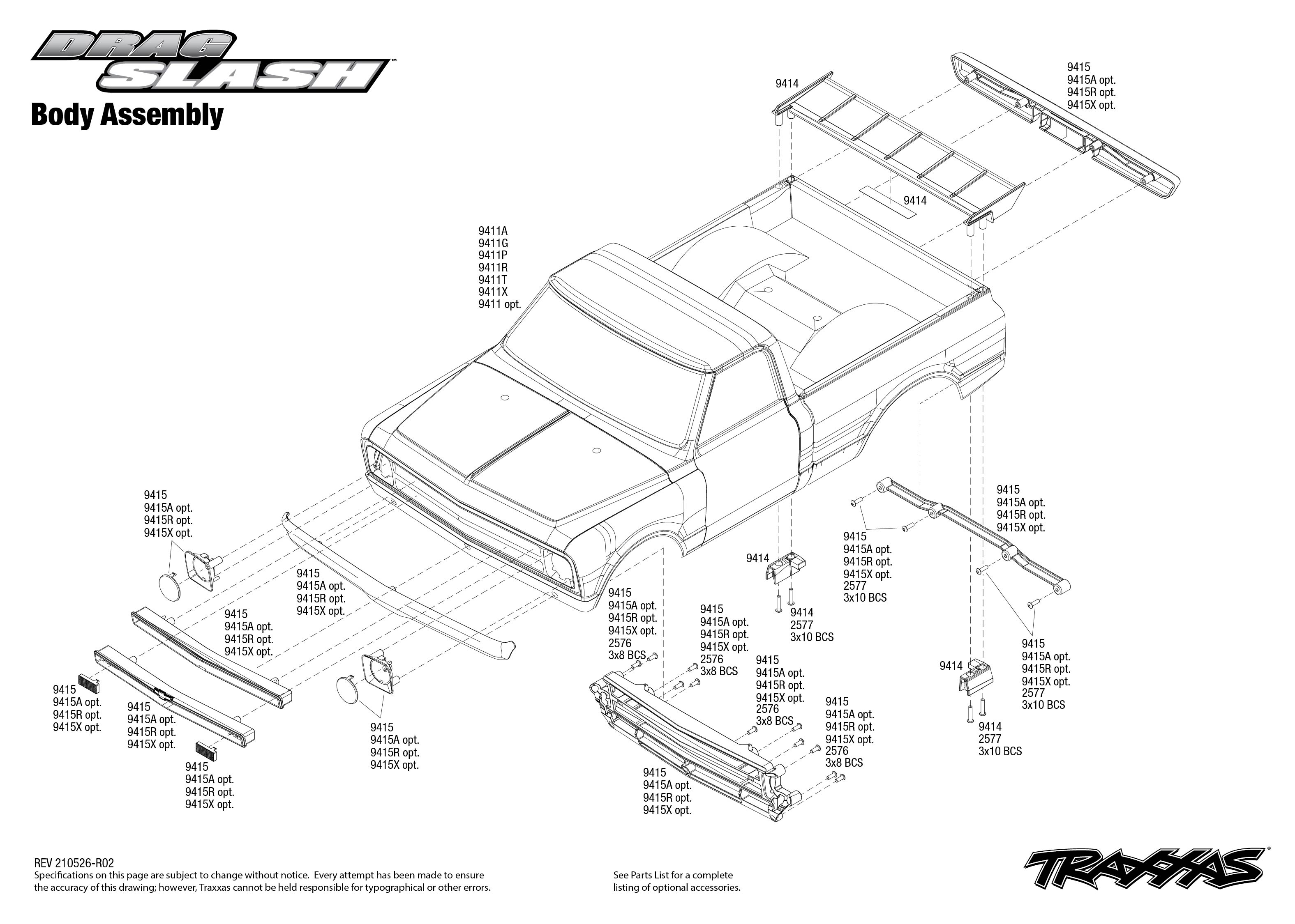 Exploded view: Traxxas Drag Slash 1:10 TQi RTR - Body | Astra