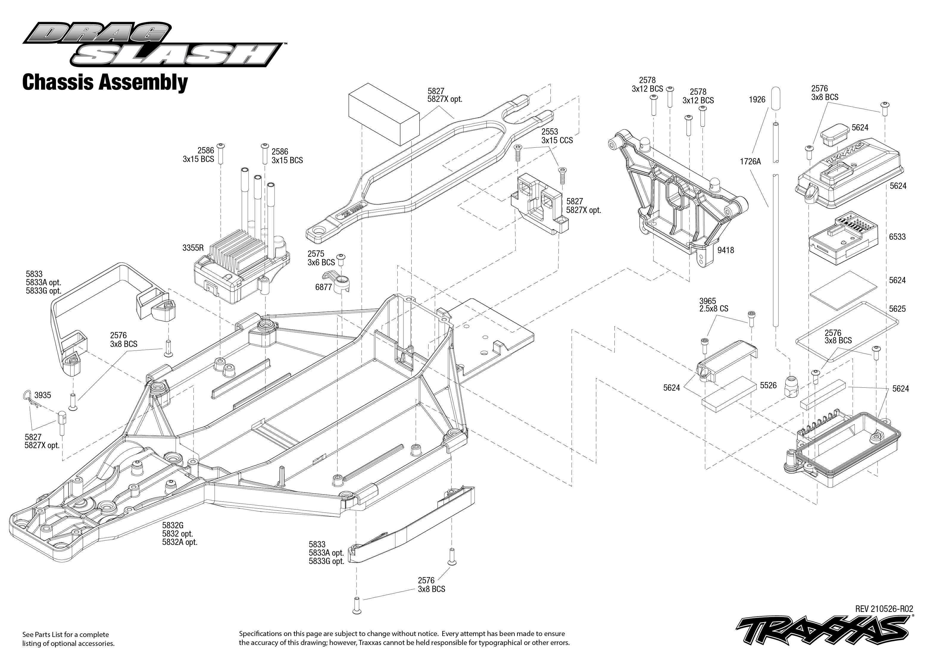 Exploded view: Traxxas Drag Slash 1:10 TQi RTR - Chassis | Astra