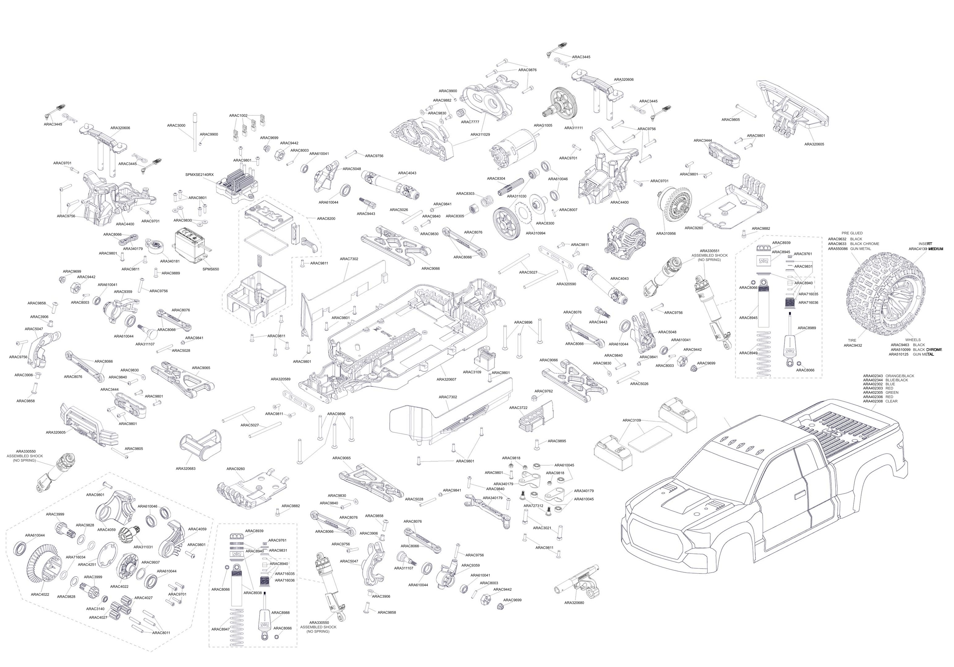 Exploded view: Arrma Granite 4x2 Boost Mega 1:10 RTR Basic - Chassis ...