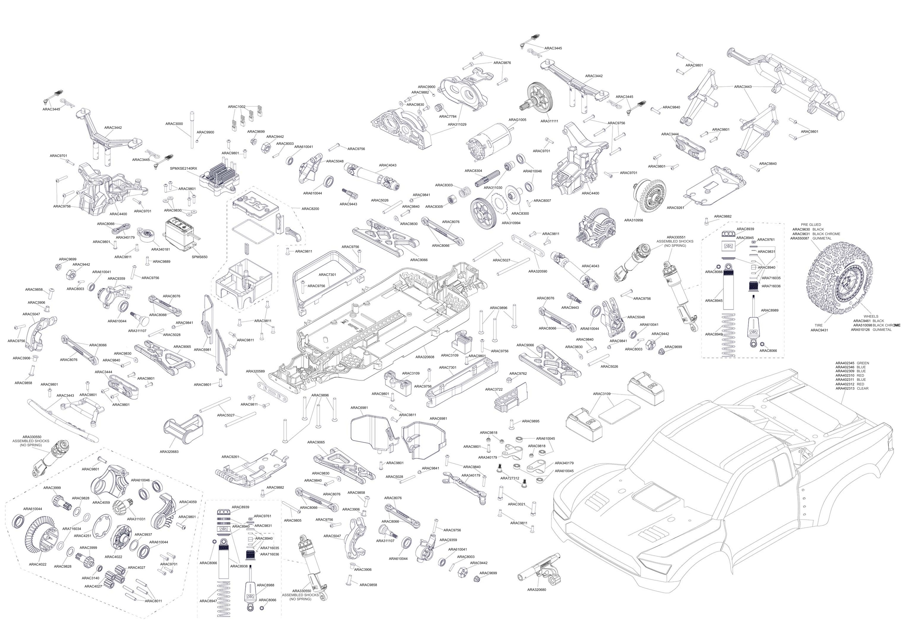 Exploded view: Arrma Senton 4x2 Boost Mega 1:10 RTR Basic - Chassis | Astra