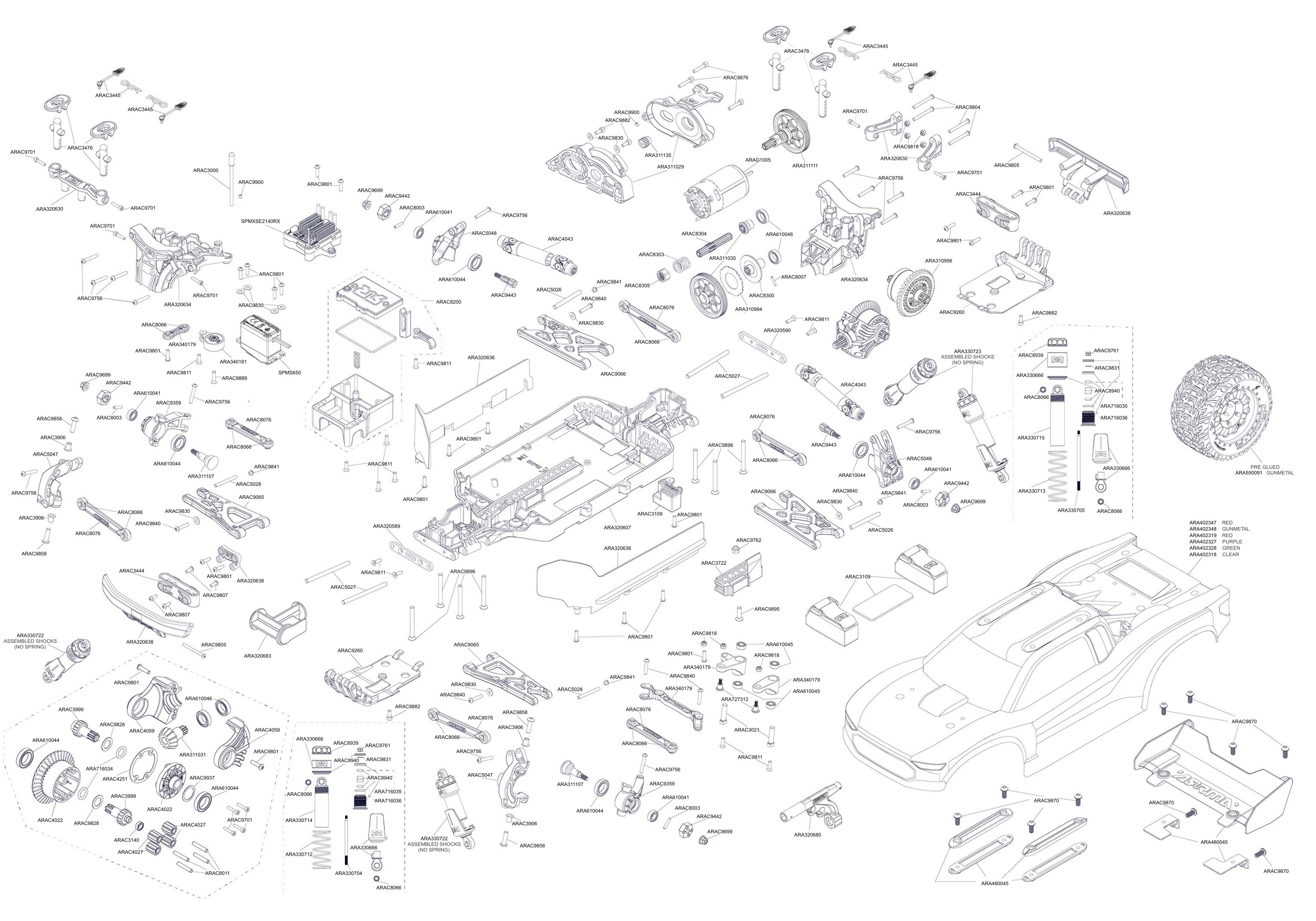 Exploded view: RC auto Arrma Vorteks 4x2 Boost Mega 1:10 RTR Basi ...