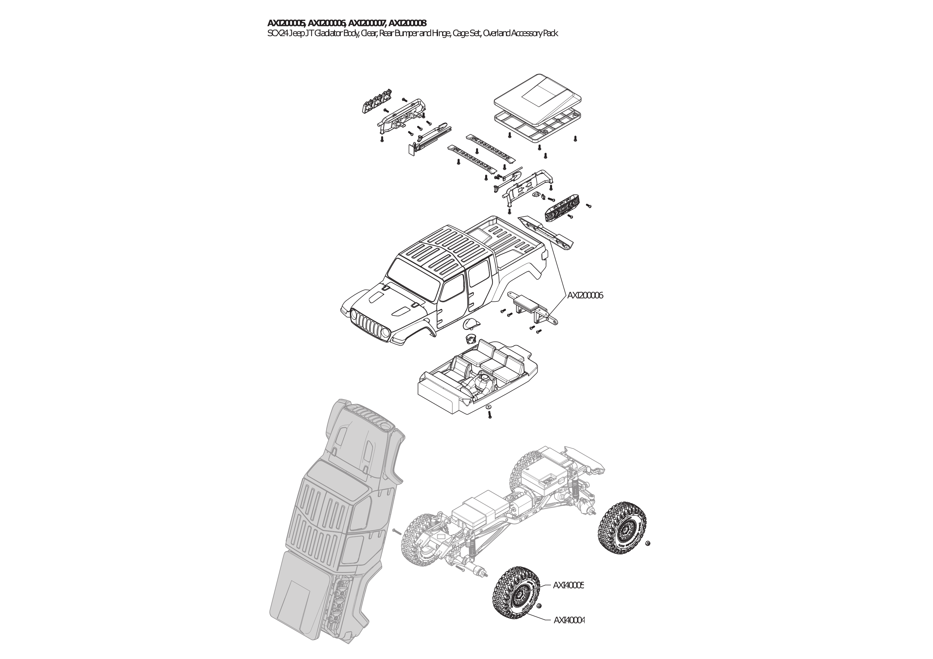Exploded view: SCX24 Jeep JT Gladiator V2 1:24 4WD RTR - Body | Astra