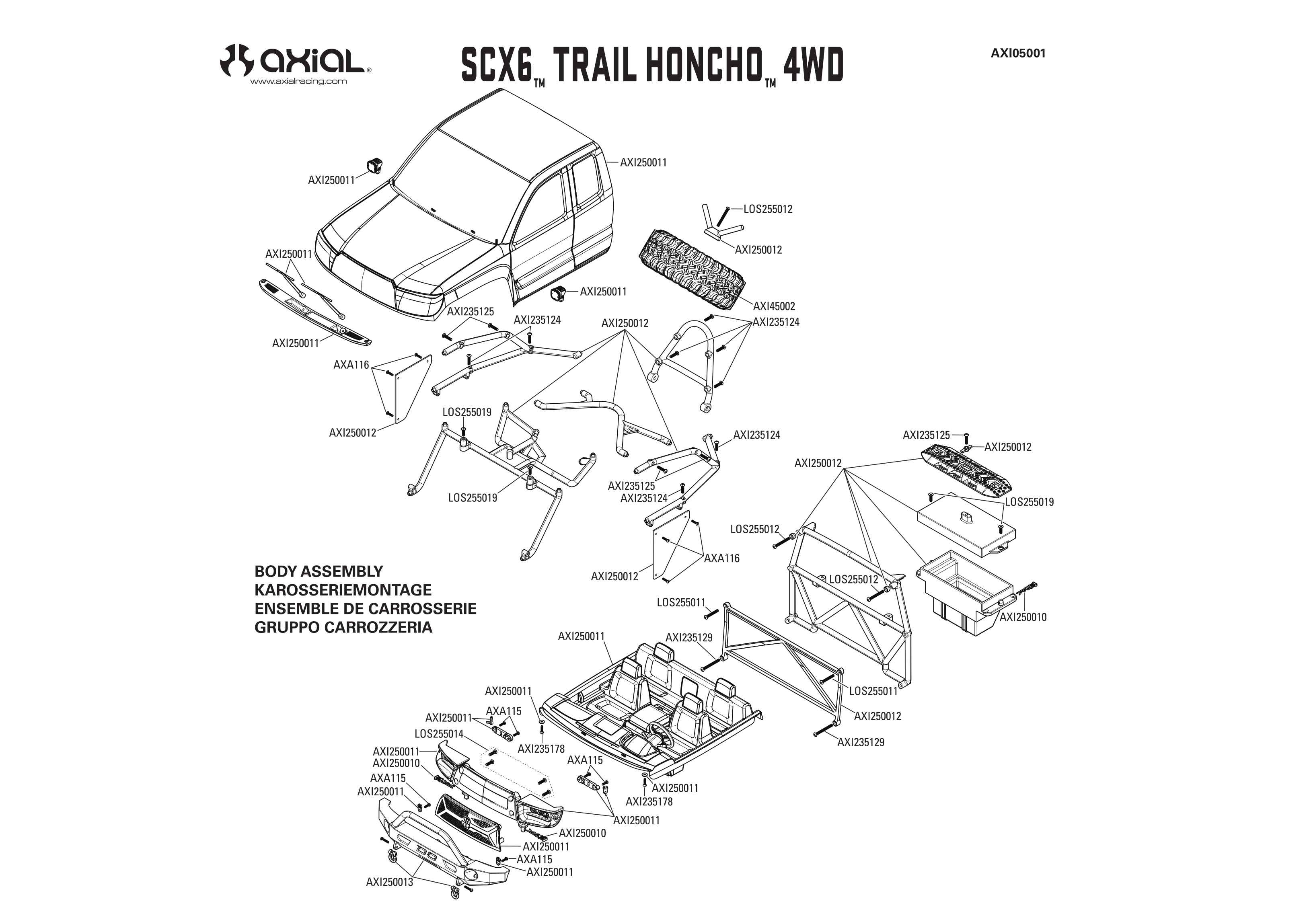 Exploded view: Axial SCX6 Trail Honcho 1:6 4WD - Body | Astra