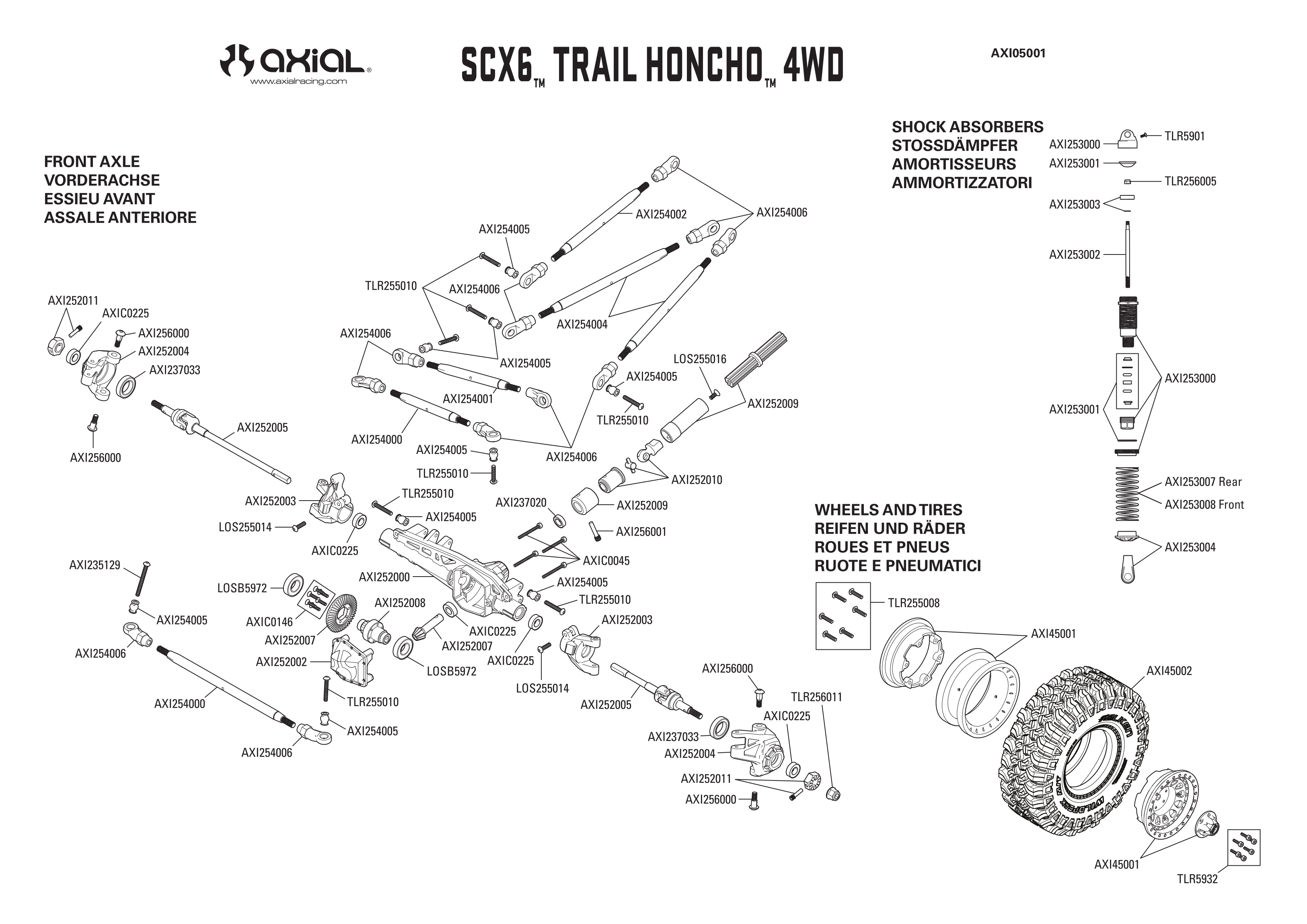 Exploded view: Axial SCX6 Trail Honcho 1:6 4WD - Front part | Astra
