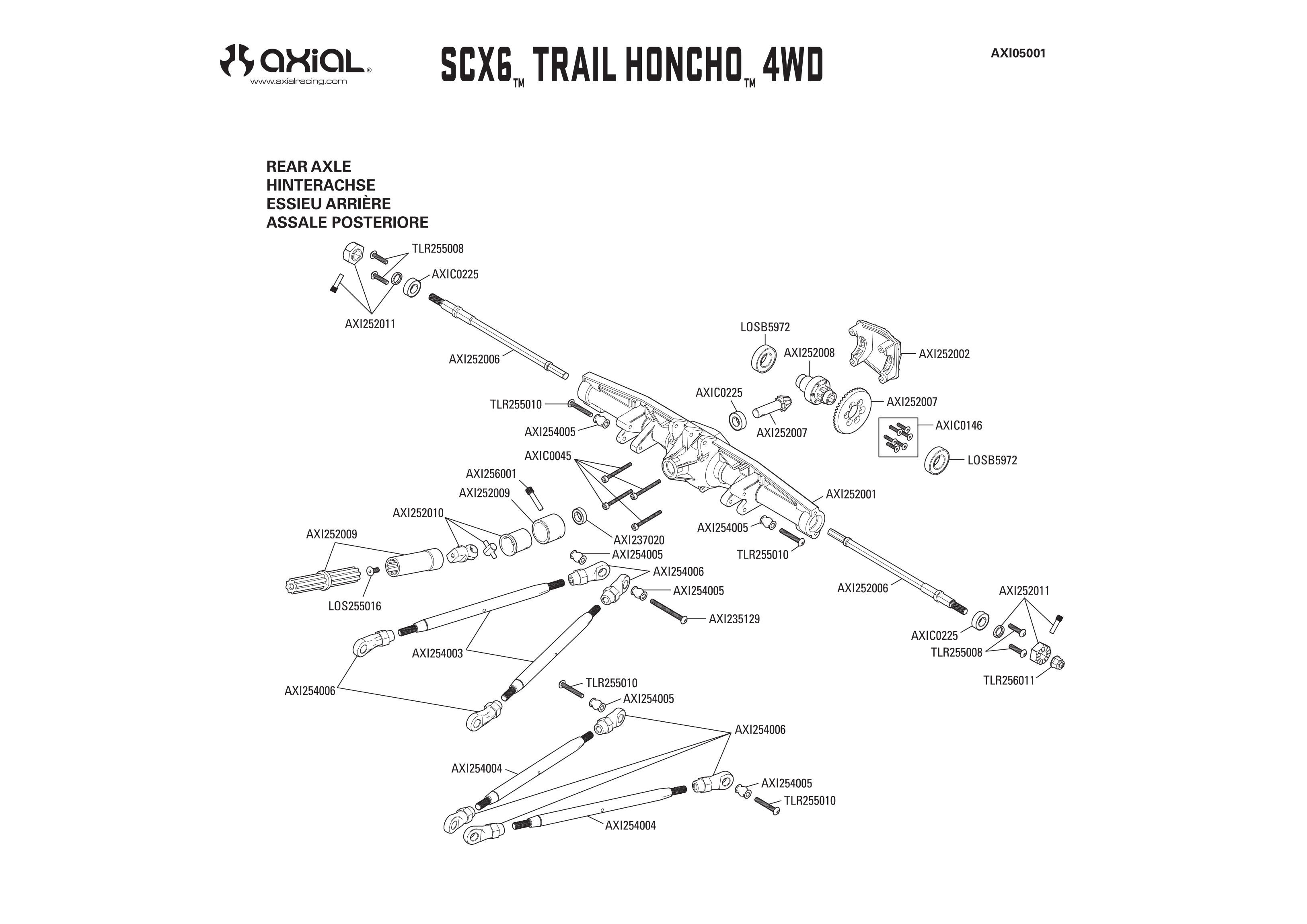 Exploded view: Axial SCX6 Trail Honcho 1:6 4WD - Rear part | Astra