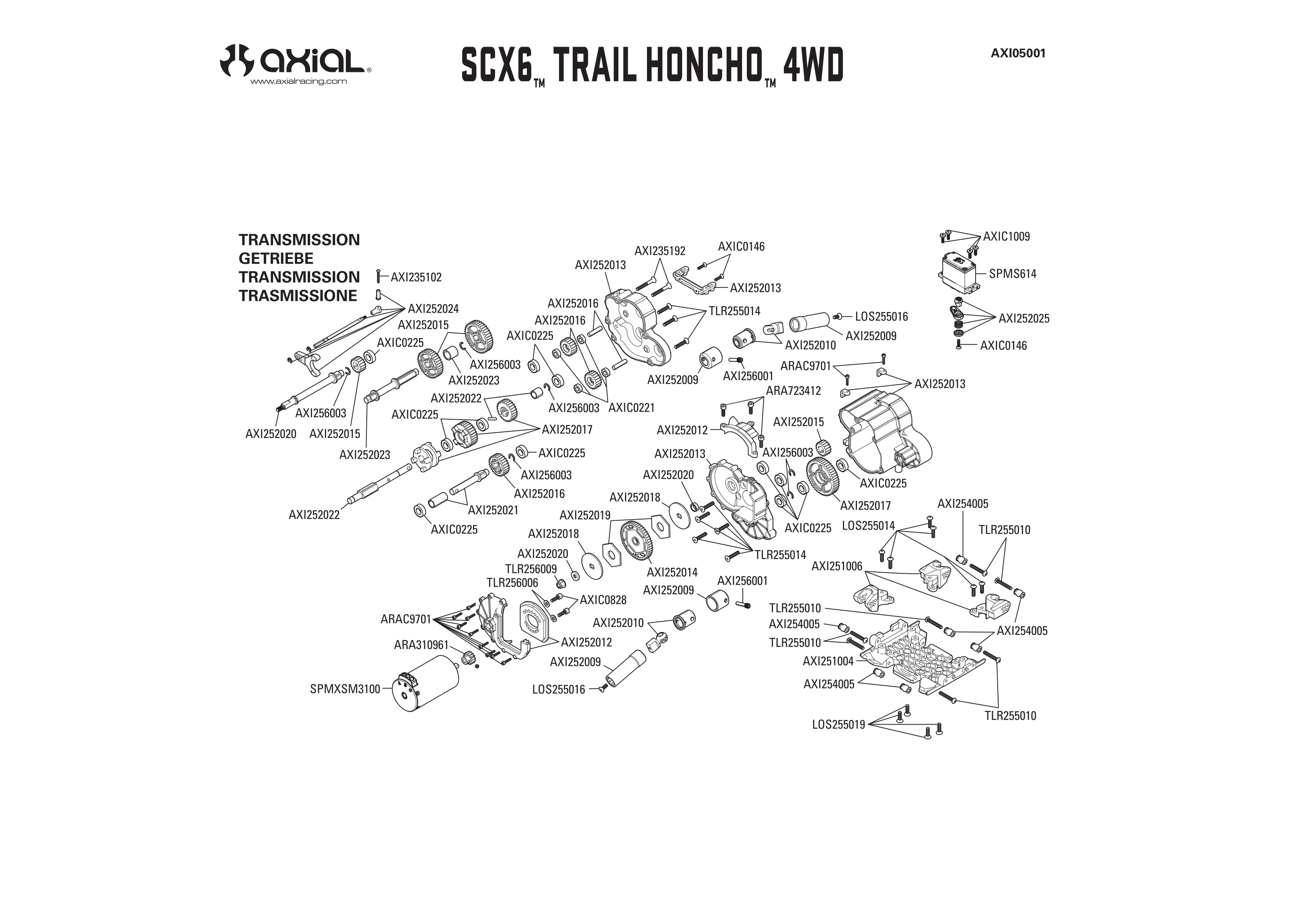 Exploded view: Axial SCX6 Trail Honcho 1:6 4WD - Transmission | Astra