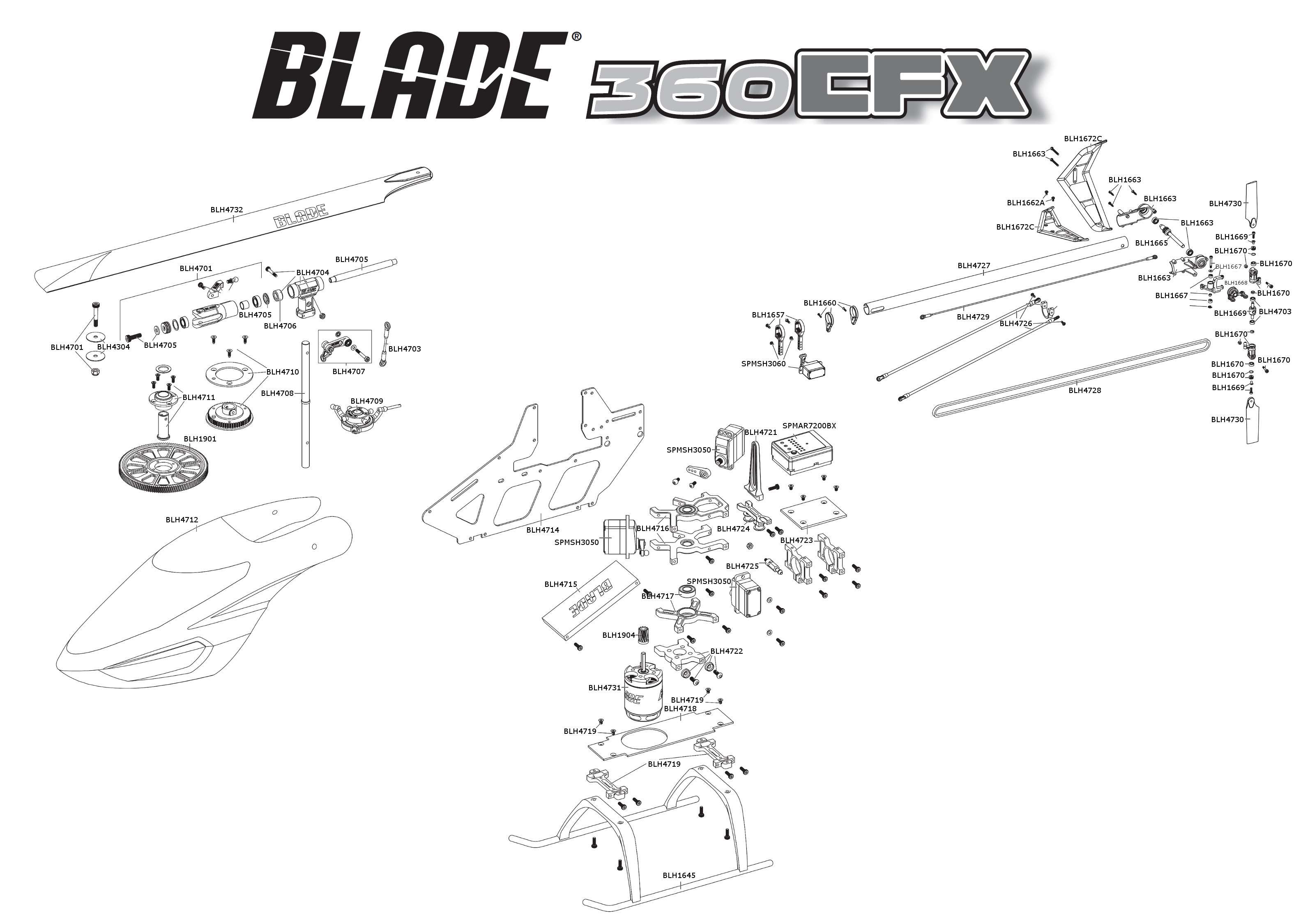 Explozivní výkres: Blade 360 CFX Bind & Fly Basic - Šasi | Astra