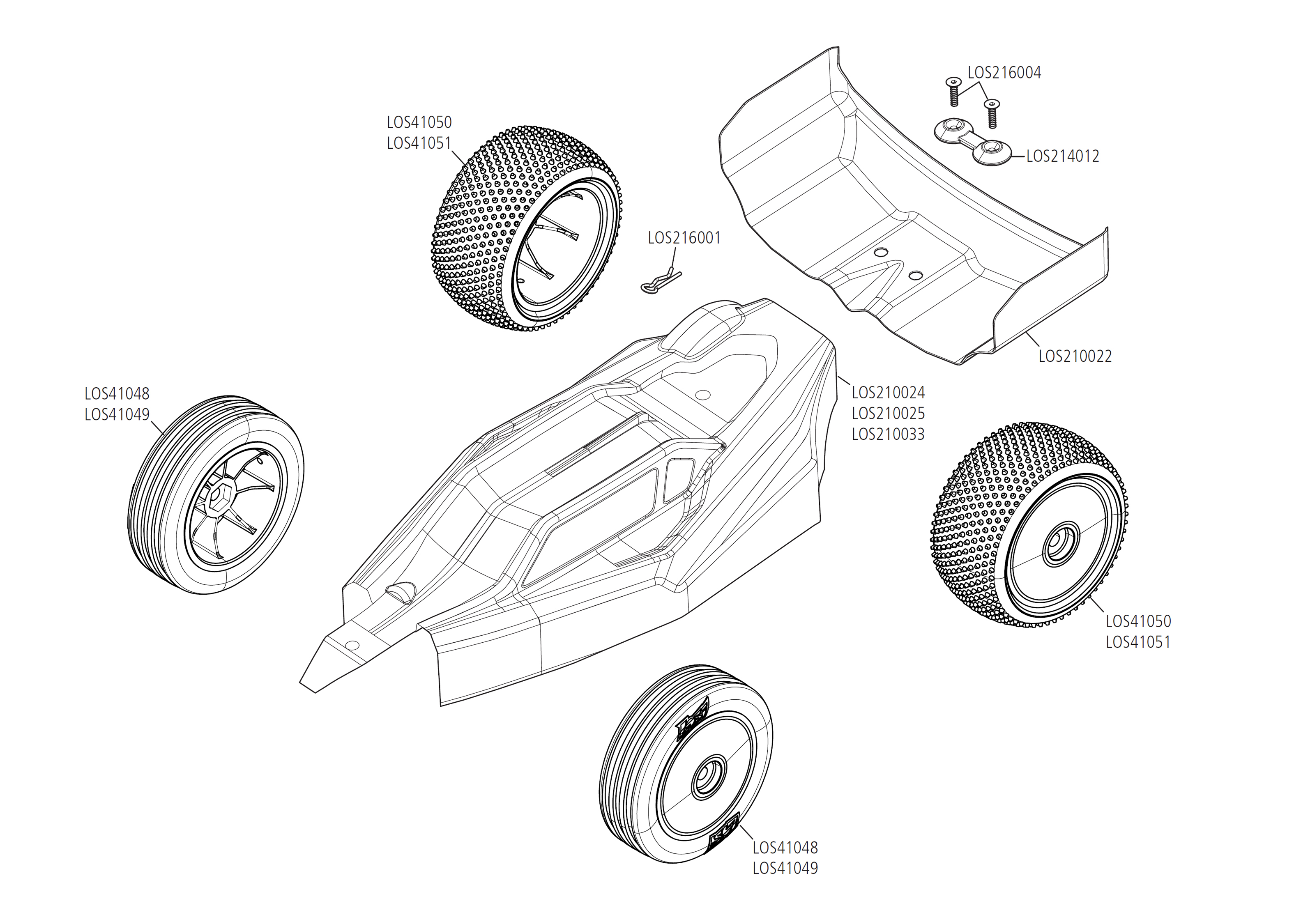 Exploded view: Losi Mini-B 1:16 Buggy Brushless RTR - Body | Astra