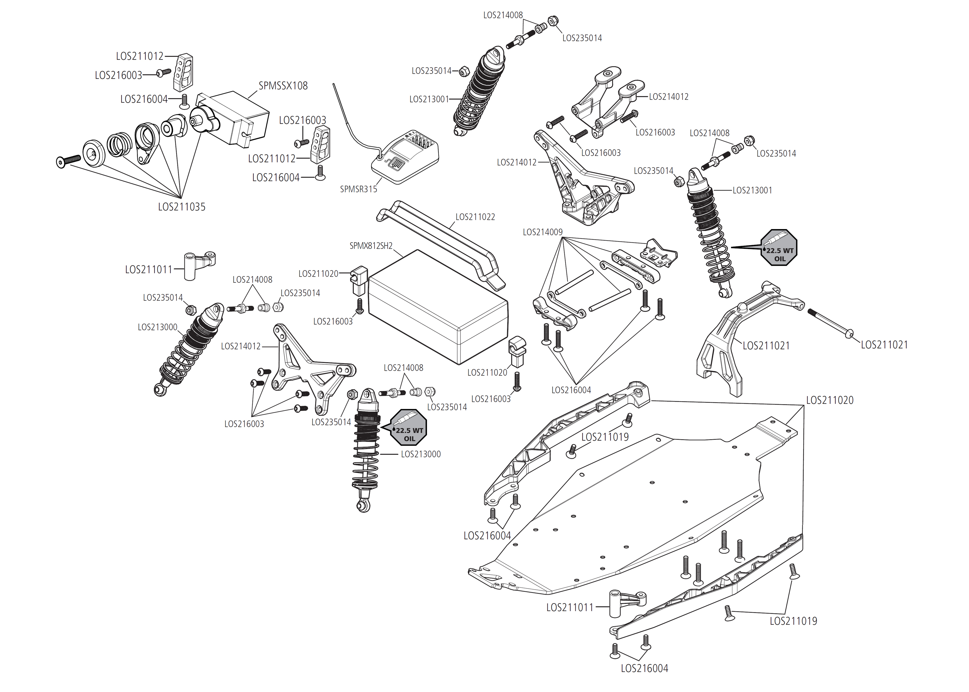 Exploded view: Losi Mini-B 1:16 Buggy Brushless RTR - Chassis | Astra