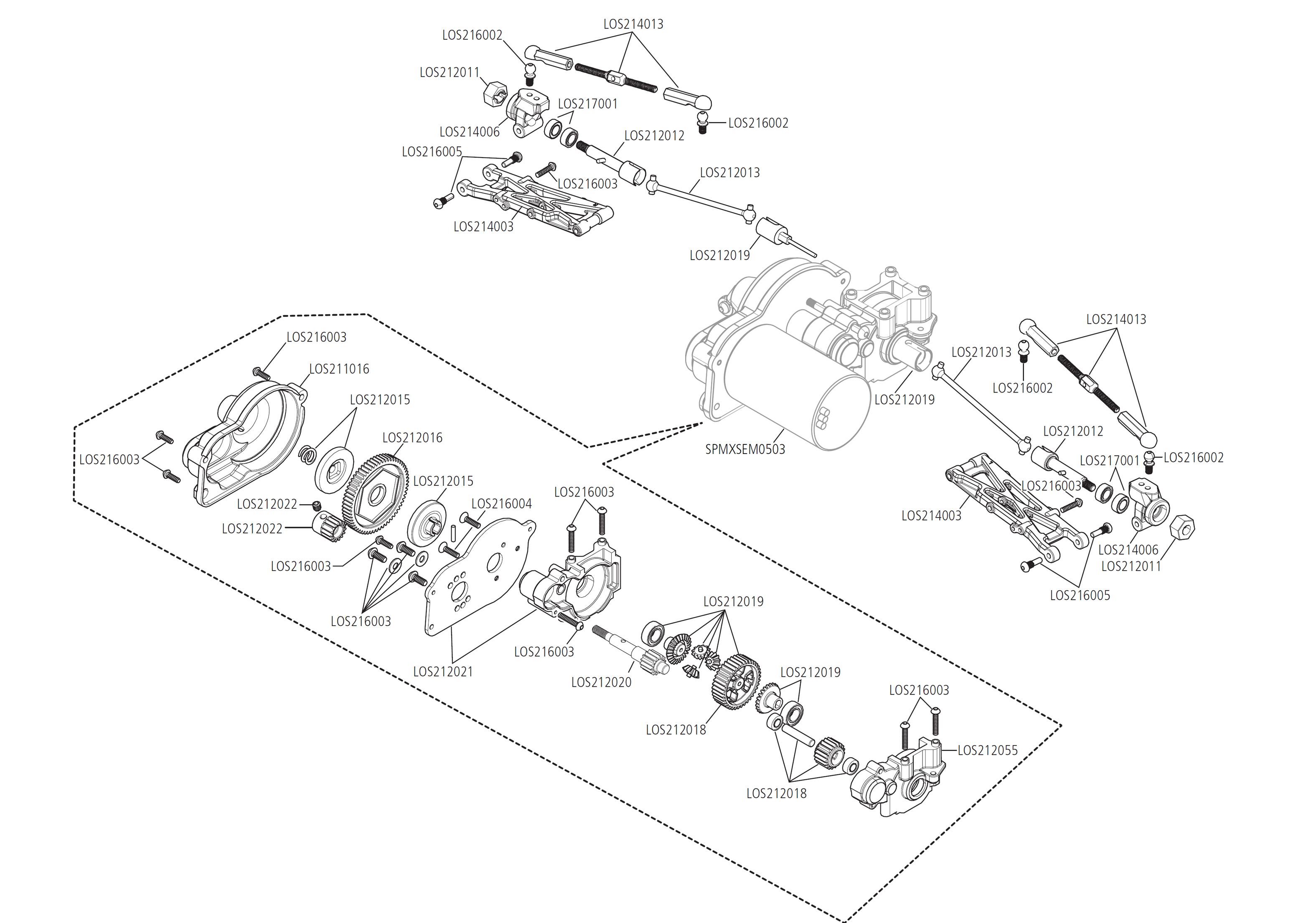 Exploded view: Losi Mini-B 1:16 Buggy Brushless RTR - Transmission | Astra