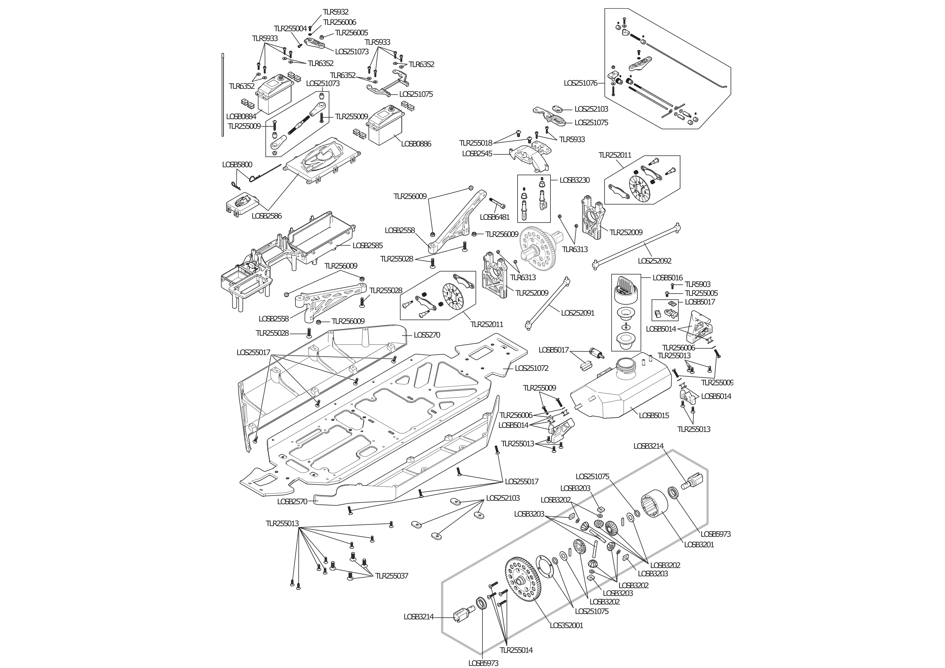Exploded view: Losi 5ive-T 2.0 V2 1:5 4WD SCT BND - Chassis | Astra