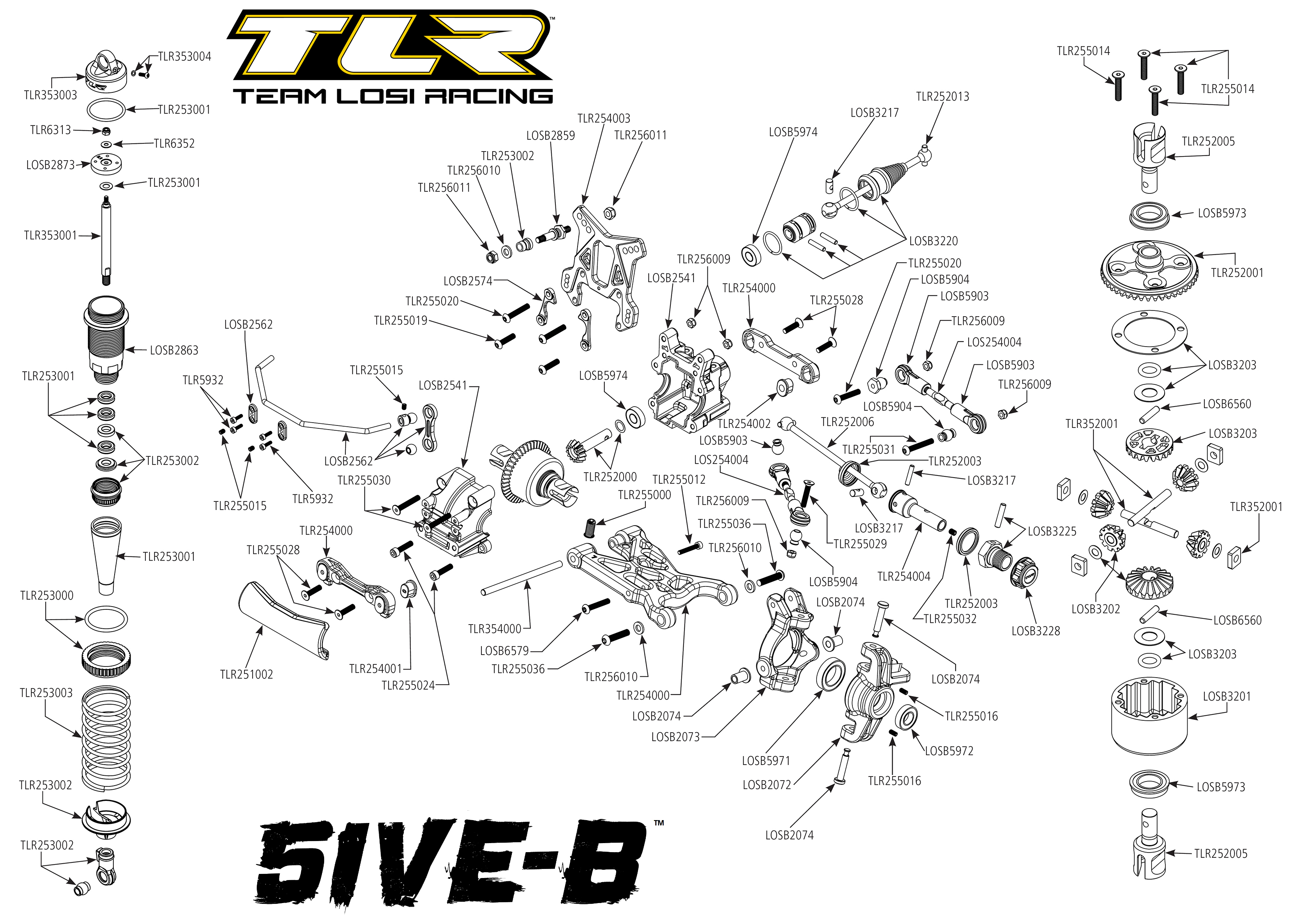 Exploded view: TLR 5IVE-B Buggy 1:5 Kit - Front part | Astra