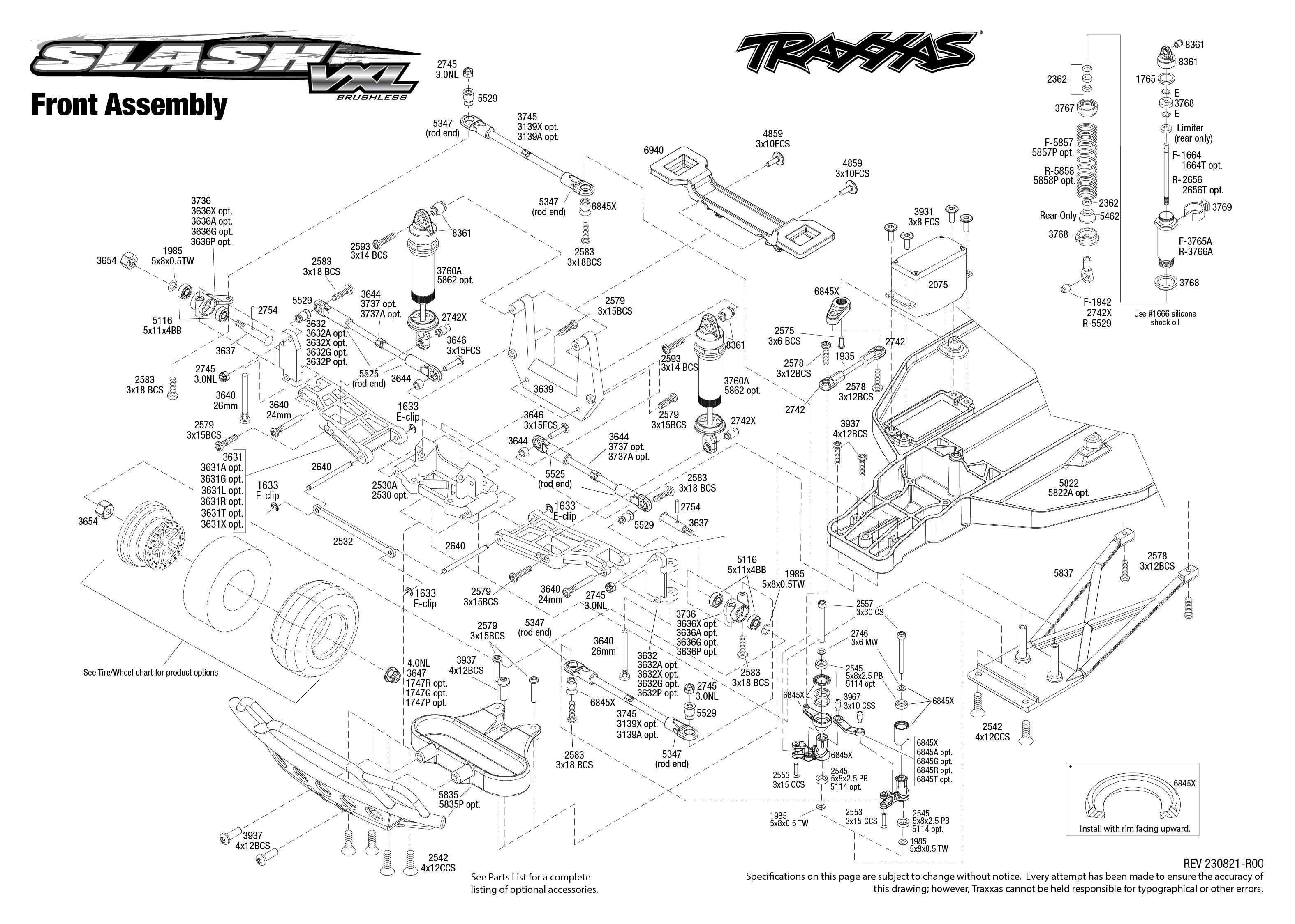 Exploded view: Slash 1:10 VXL RTR - Front part | Astra
