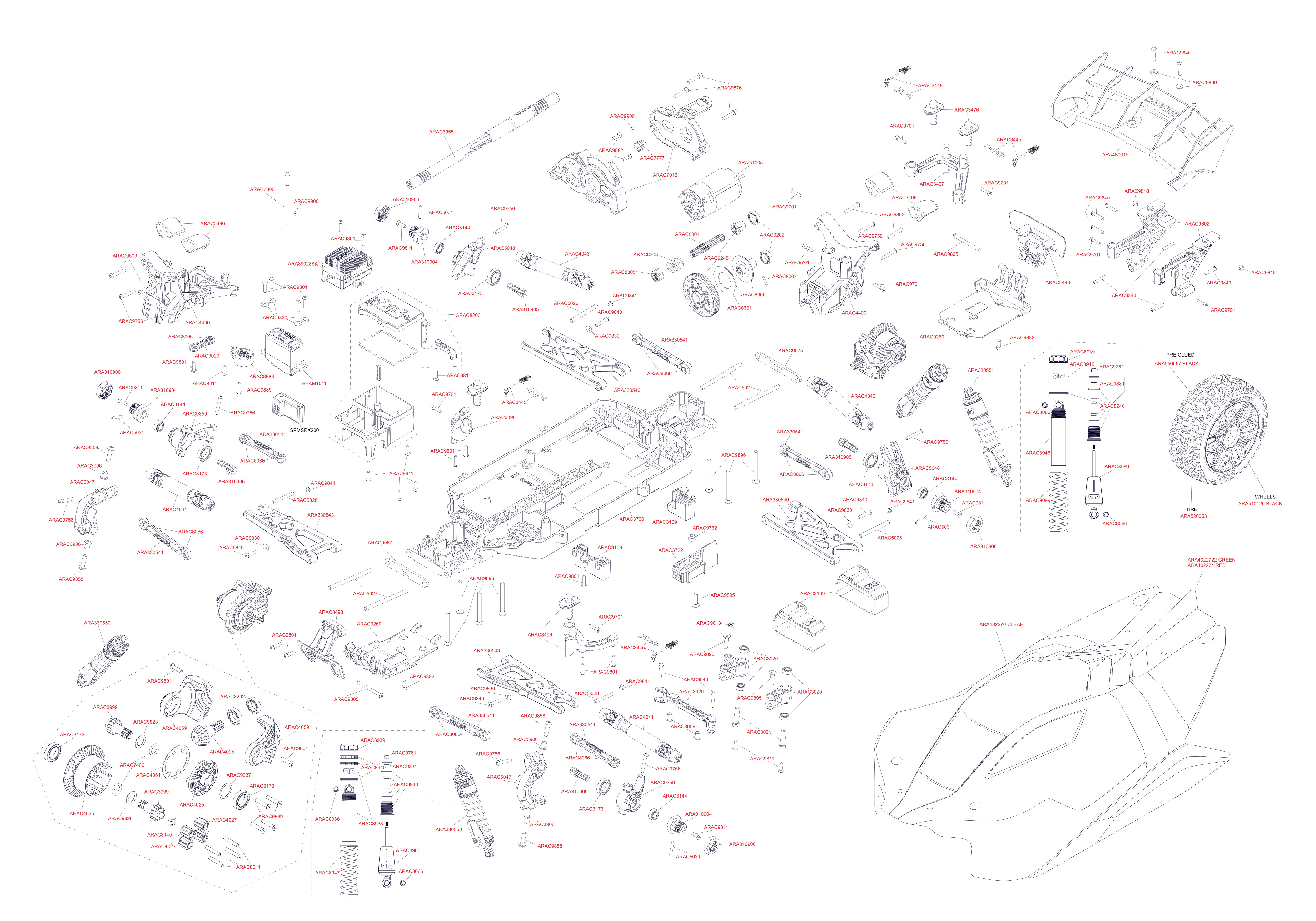 Exploded view: Arrma Typhon Mega 1:8 4WD RTR zelená - Chassis | Astra