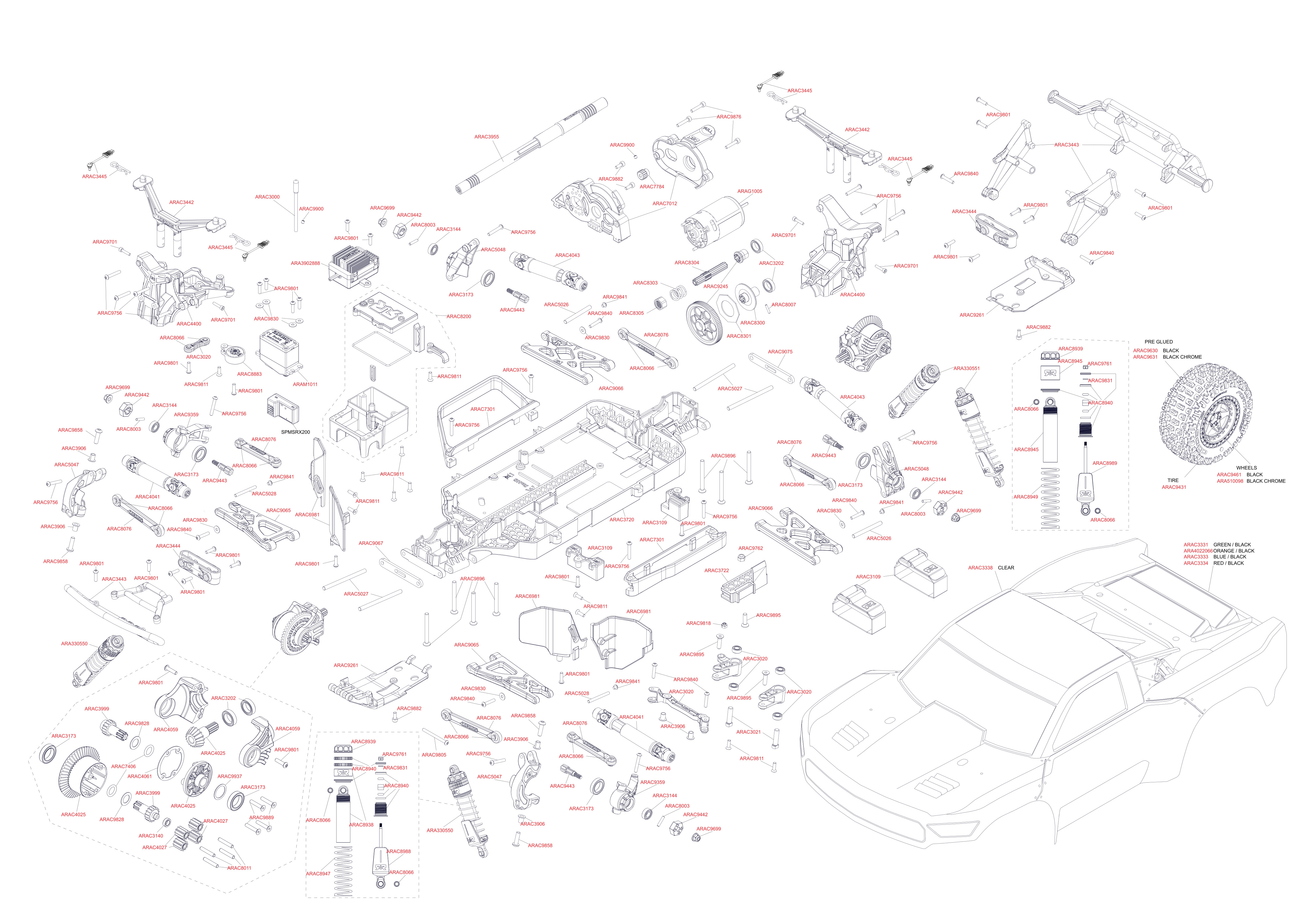 Exploded view: Arrma Senton Mega 4x4 1:10 4WD RTR - Chassis | Astra