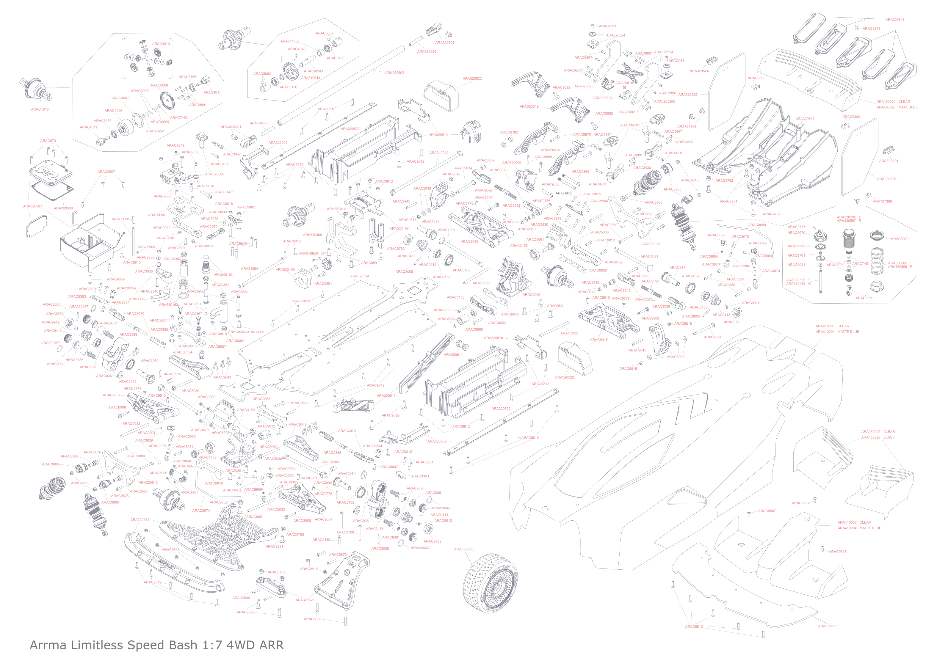 Exploded view: Arrma Limitless Speed Bash 1:7 4WD ARR - Chassis | Astra