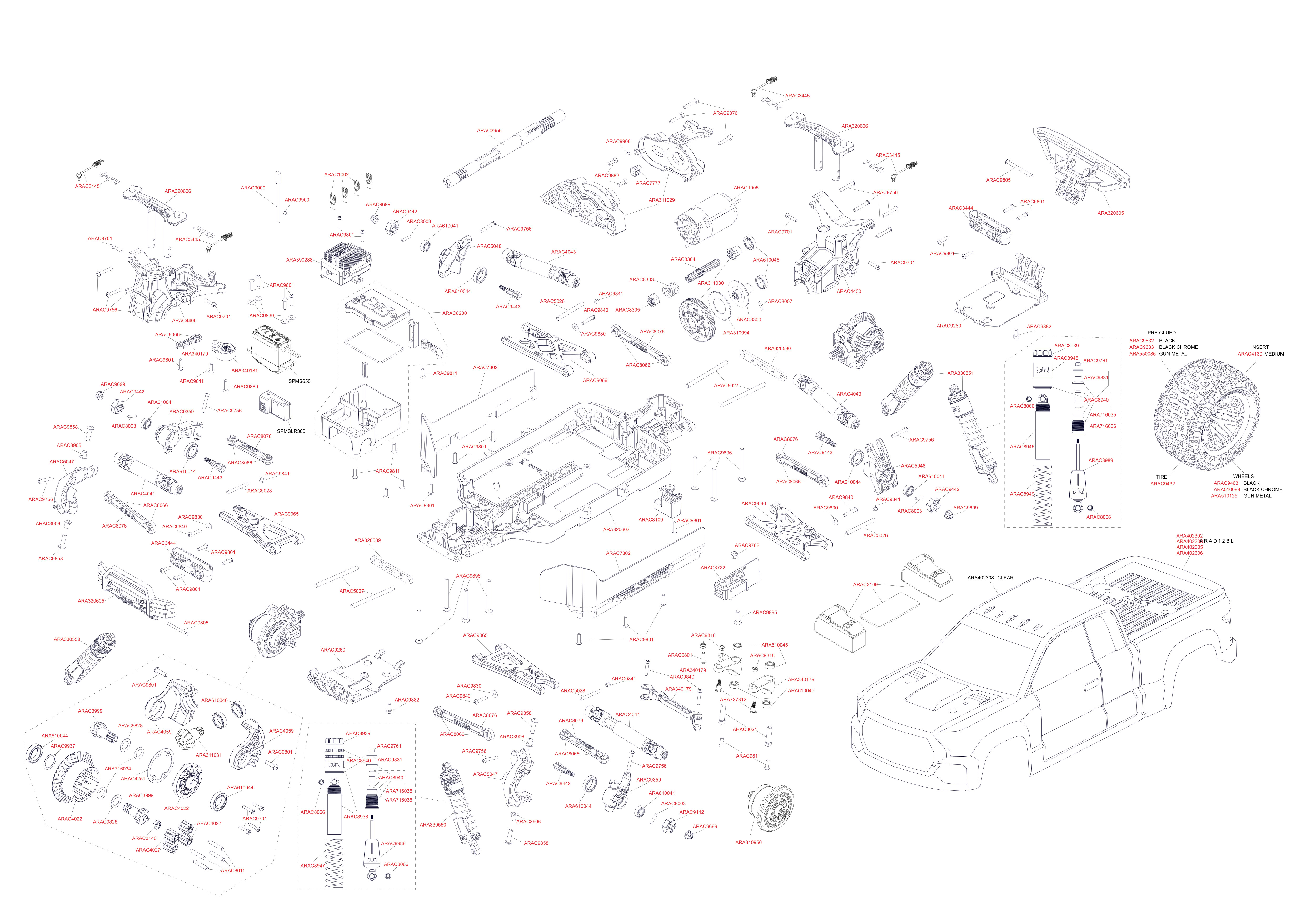 Exploded view: Arrma Granite Mega 1:10 4WD RTR - Chassis | Astra
