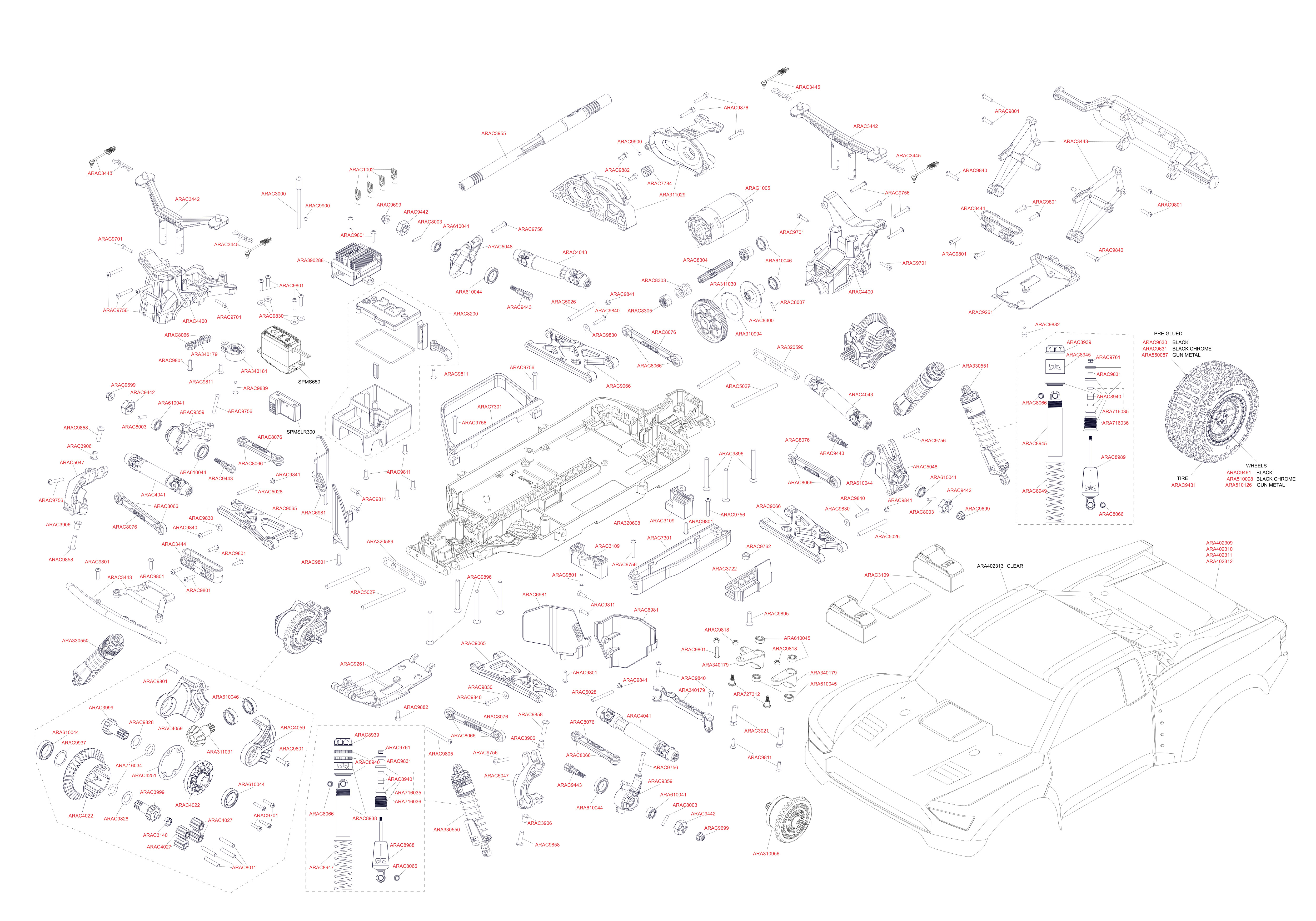 Exploded view: Arrma Senton Mega 1:10 4WD RTR - Chassis | Astra