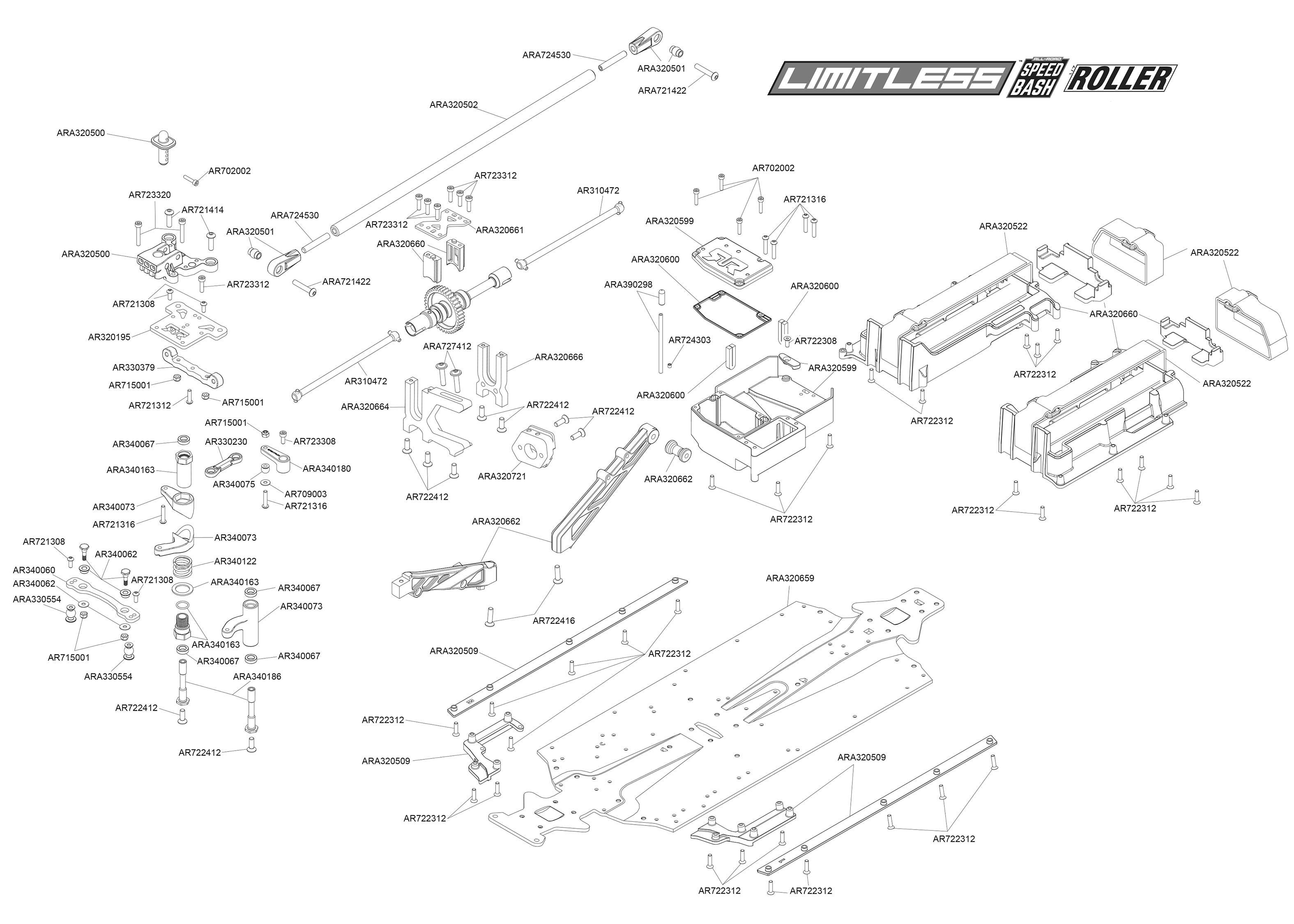Exploded view: Arrma Limitless 1:7 4WD Speed Machine Rolle - Chassis ...