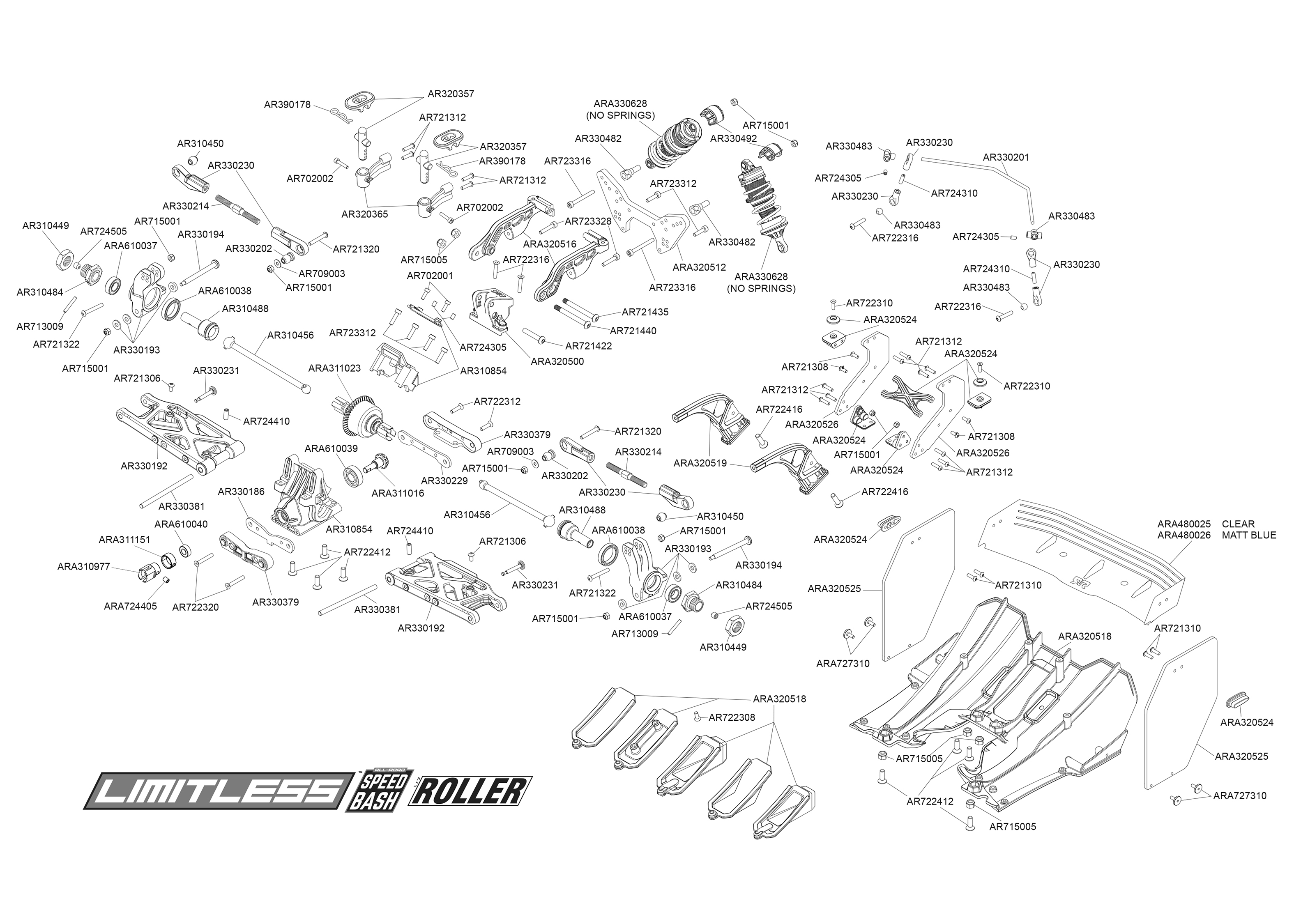 Exploded view: Arrma Limitless 1:7 4WD Speed Machine Rolle - Rear part ...