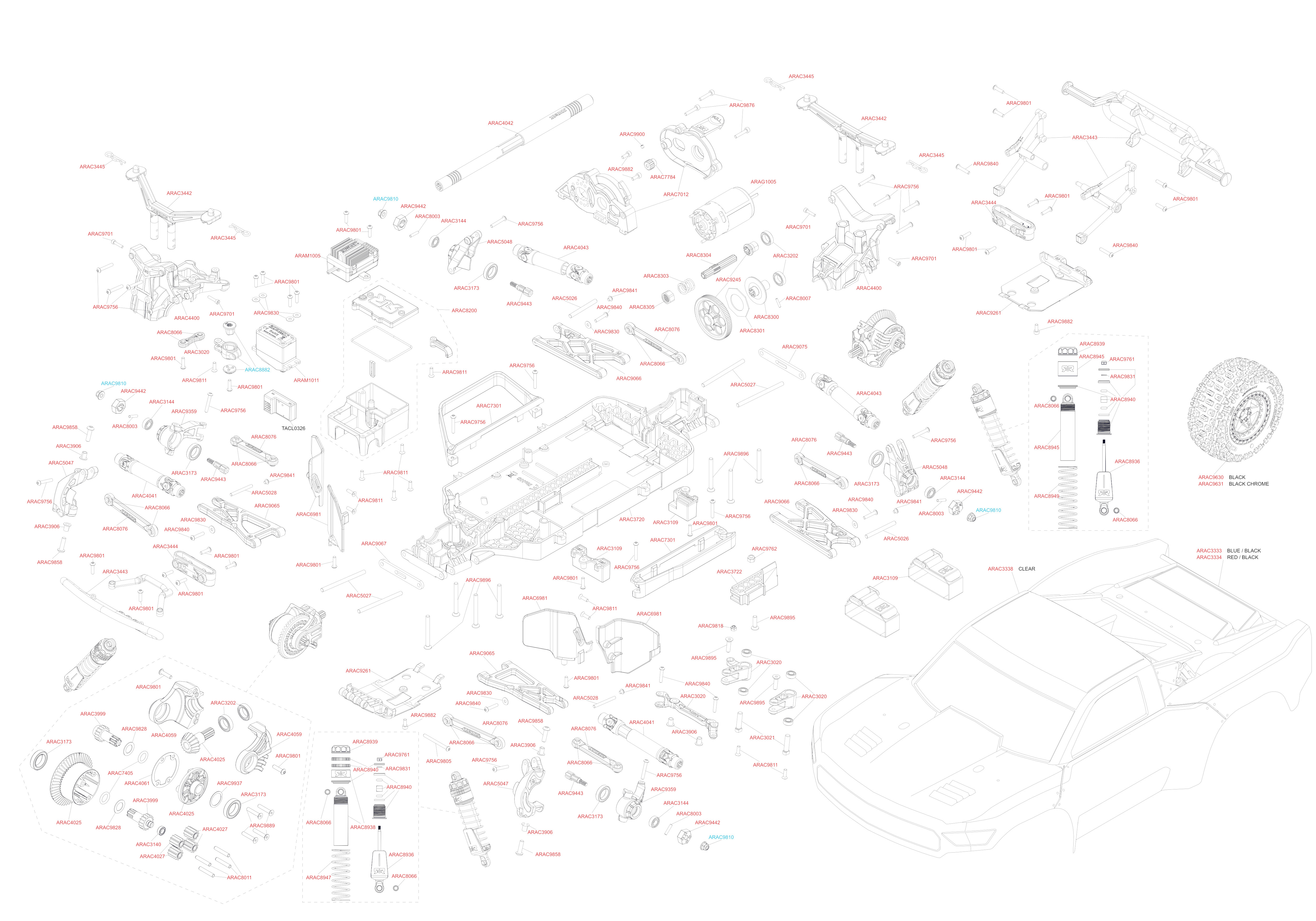 Exploded view: Arrma Senton Mega 1:10 4WD RTR - Chassis | Astra