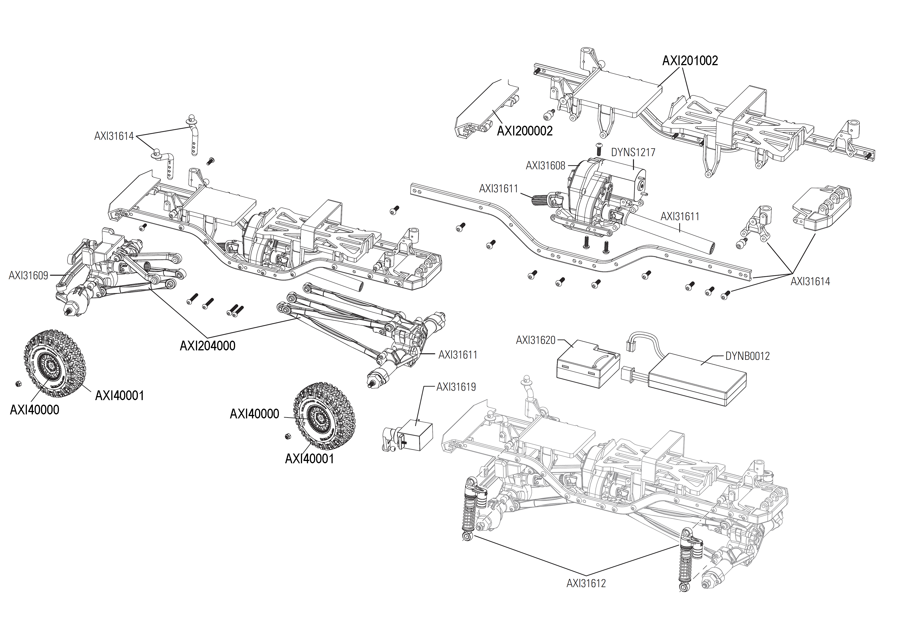 Exploded view: SCX24 Chevrolet C10 1967 1:24 4WD RTR - Chassis | Astra