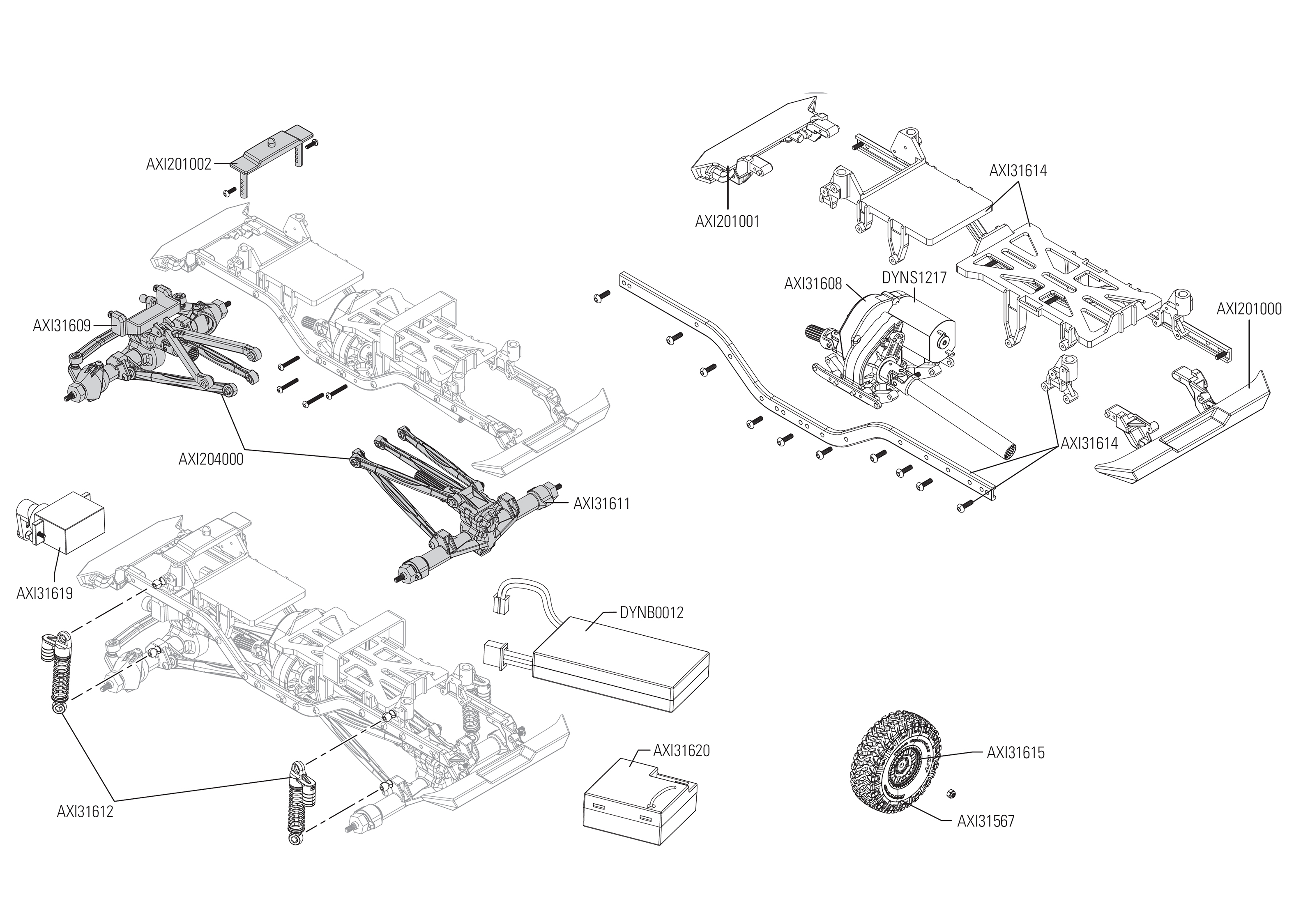 Exploded view: Axial SCX24 Jeep Wrangler JLU CRC 2019 1:24 4WD RT ...
