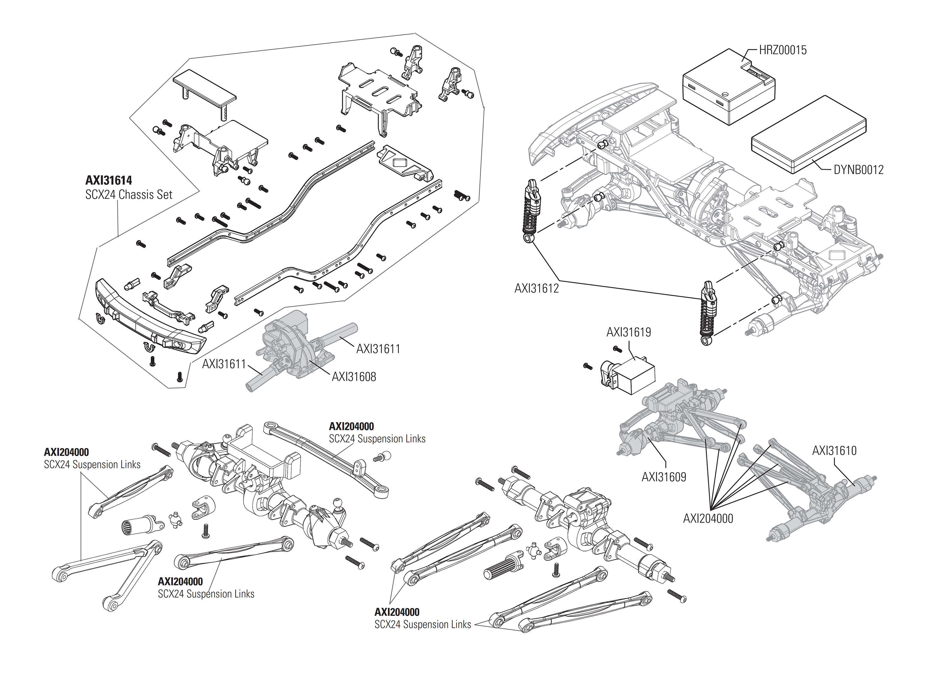 Exploded view: SCX24 Ford Bronco 2021 1:24 4WD RTR - Chassis | Astra