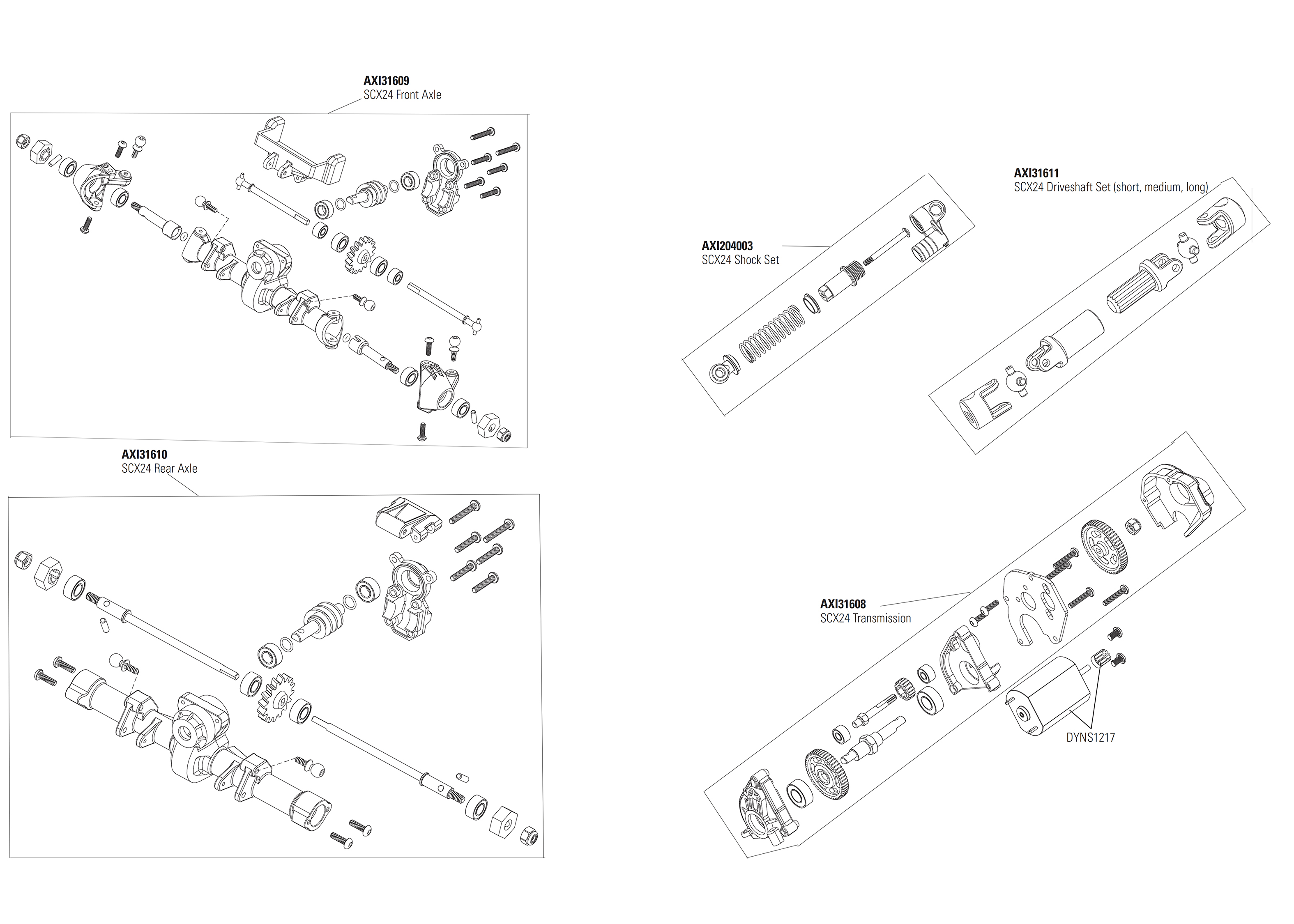 Exploded view: SCX24 Ford Bronco 2021 1:24 4WD RTR - Transmission | Astra
