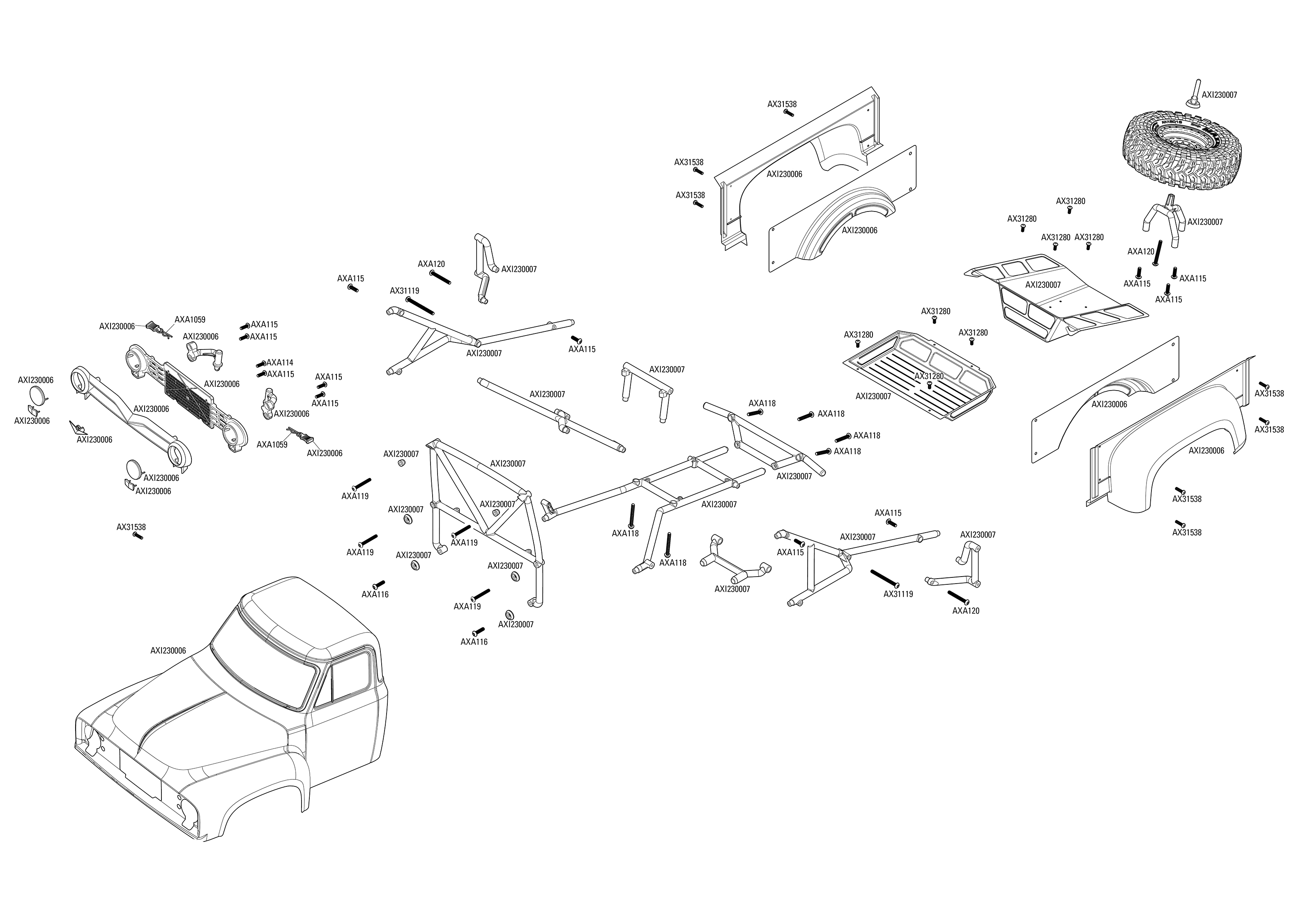 Exploded view: Axial SCX10 II 1955 Ford F-100 1:10 4WD RTR - Body | Astra