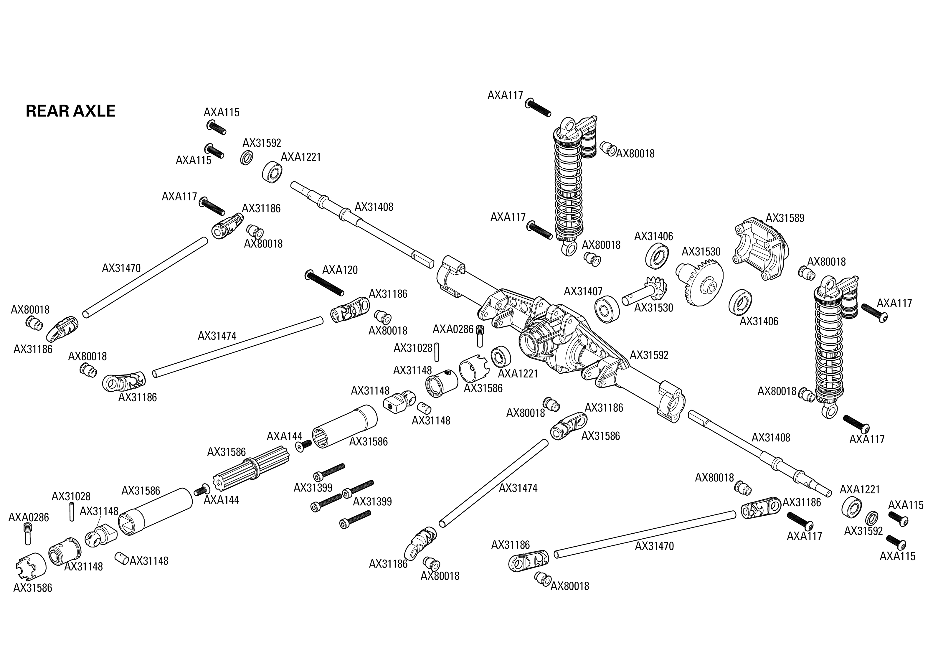 Exploded view: Axial SCX10 II 1955 Ford F-100 1:10 4WD RTR - Rear part ...