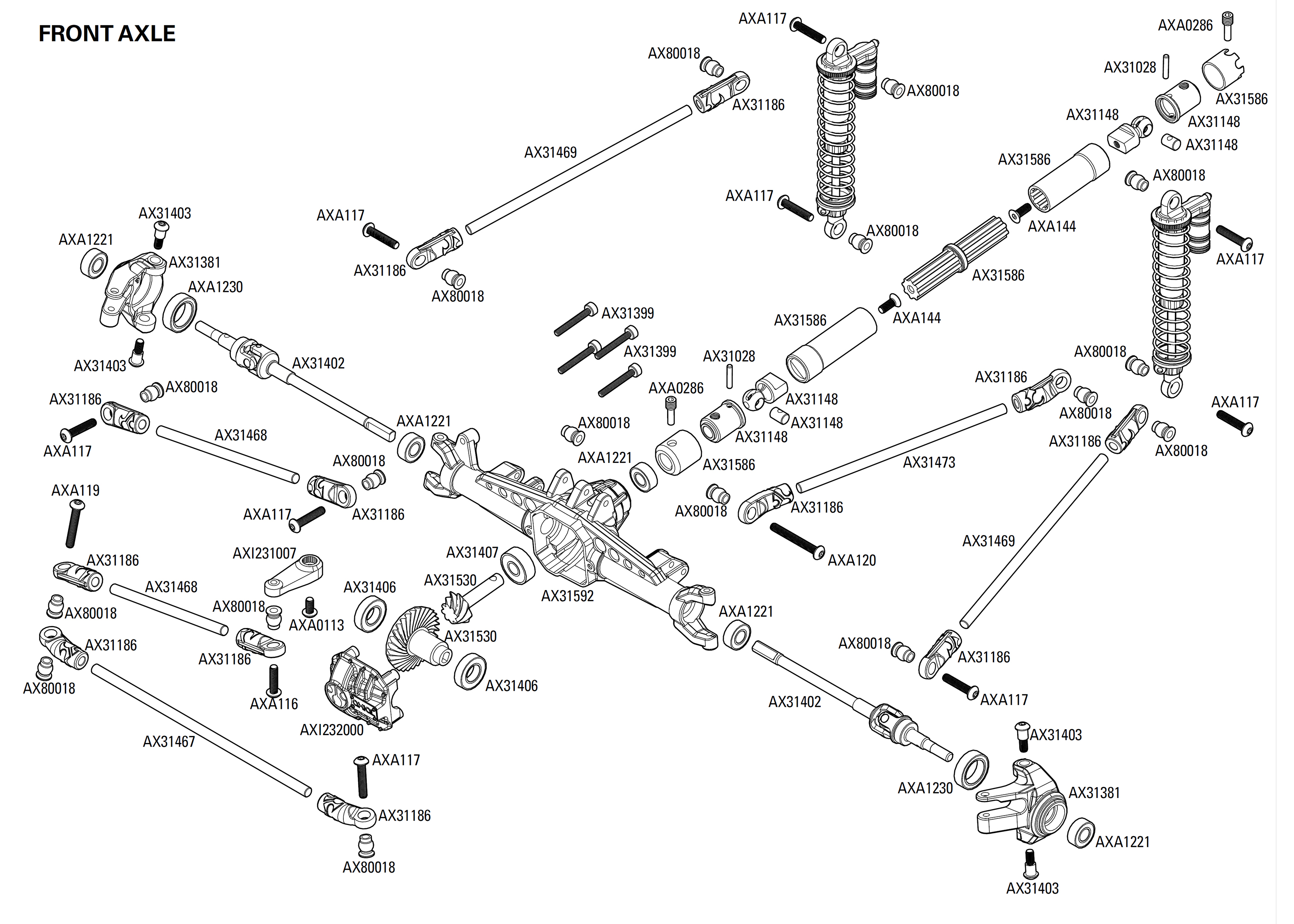 Exploded view: Axial SCX10 II UMG10 6x6 1:10 RTR - Front part | Astra