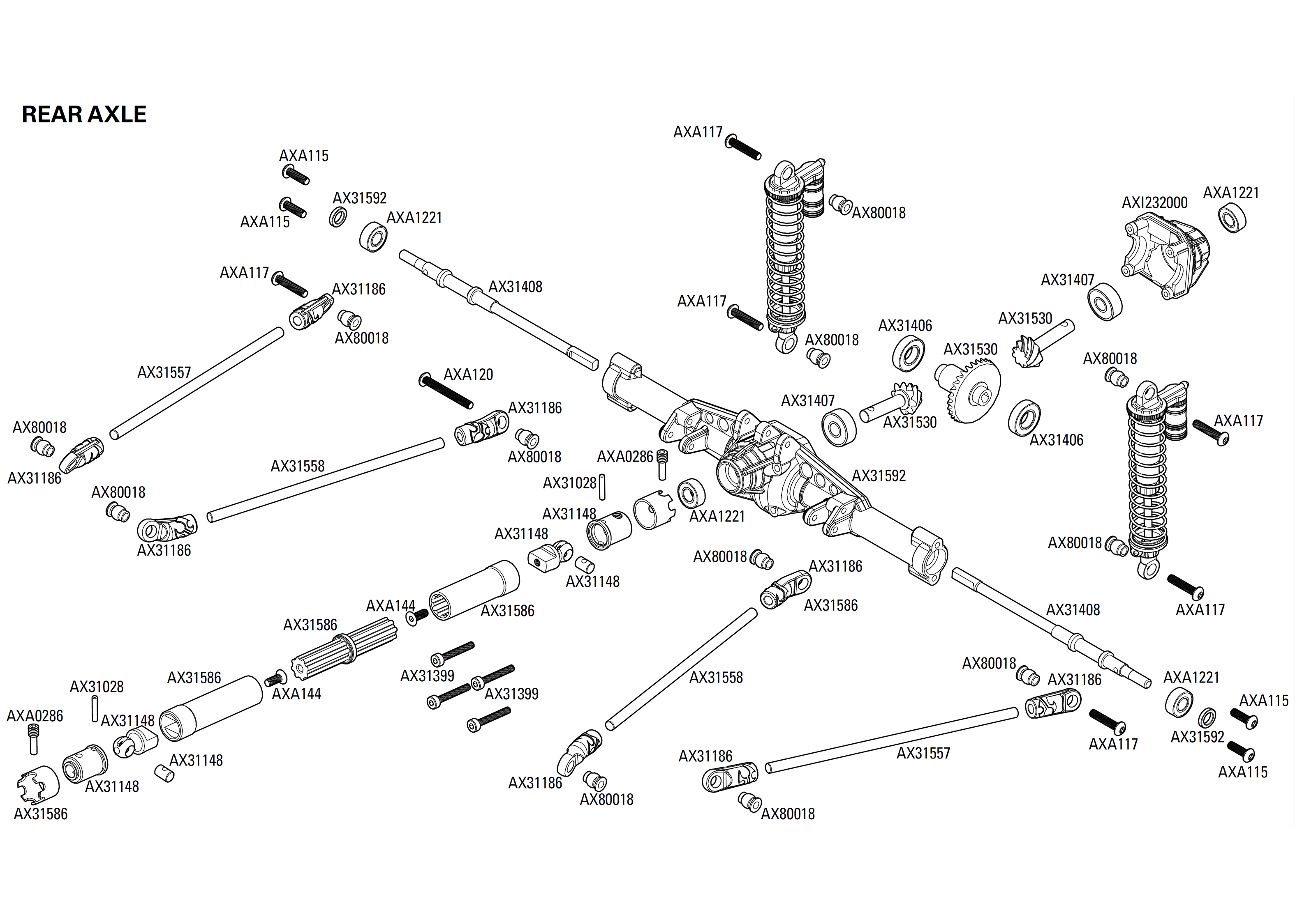 Exploded view: Axial SCX10 II UMG10 6x6 1:10 RTR - Rear part | Astra