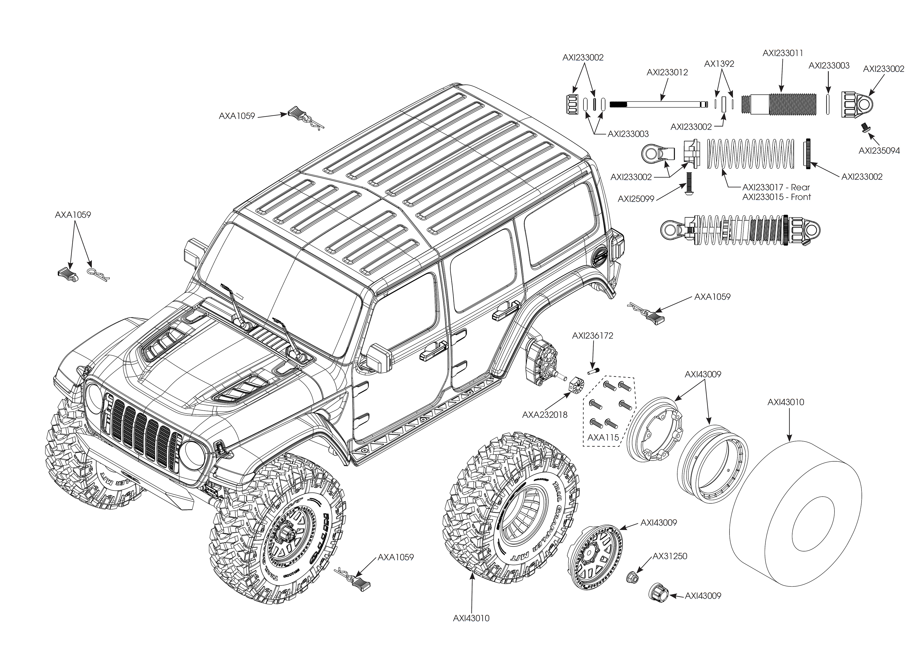 Exploded view: Axial SCX10 III Jeep JLU Wrangler 1:10 4WD RTR - Disky a ...