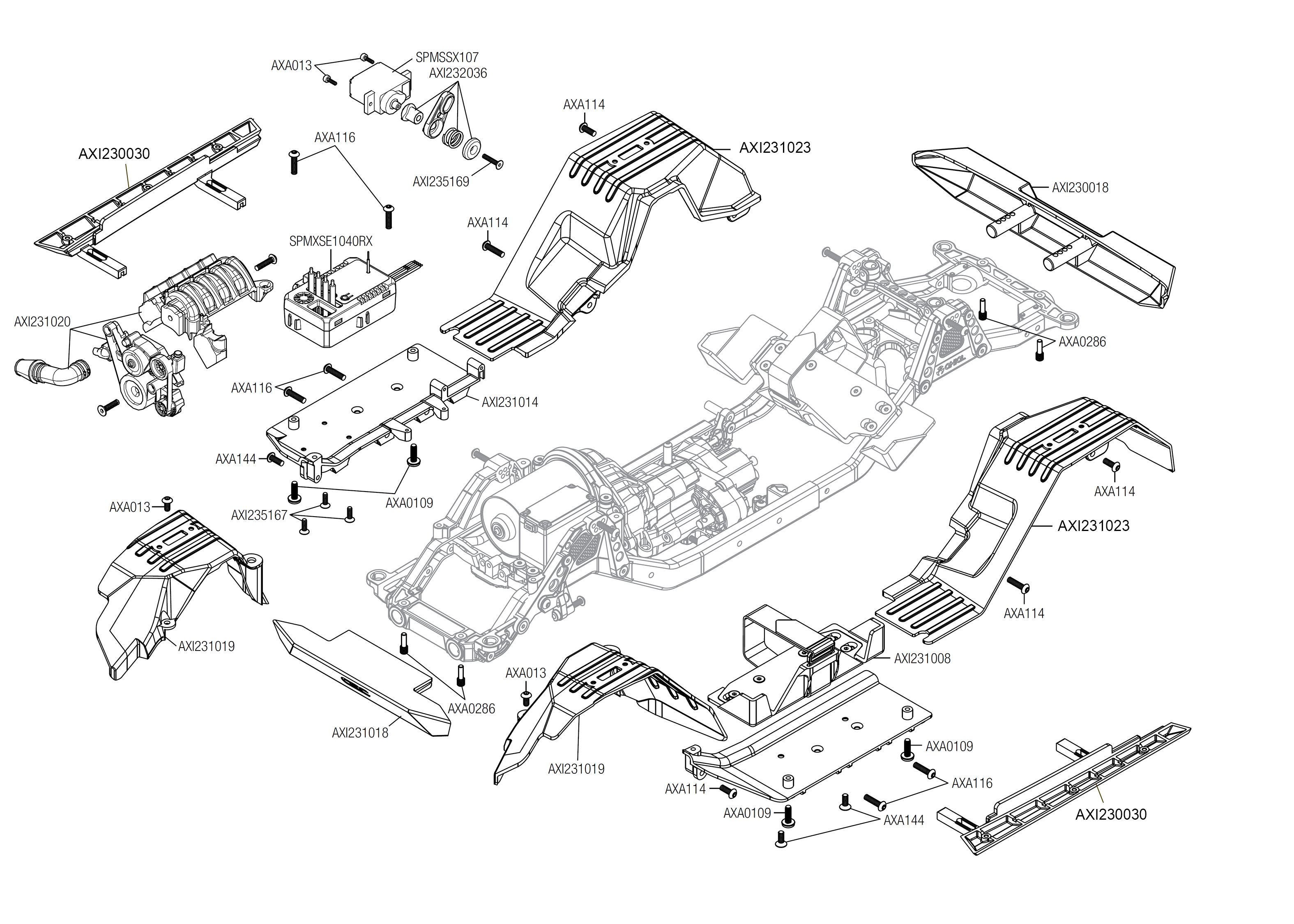 Exploded view: Axial SCX10 III Jeep JT Gladiator 4WD 1:10 RTR - Chassis ...