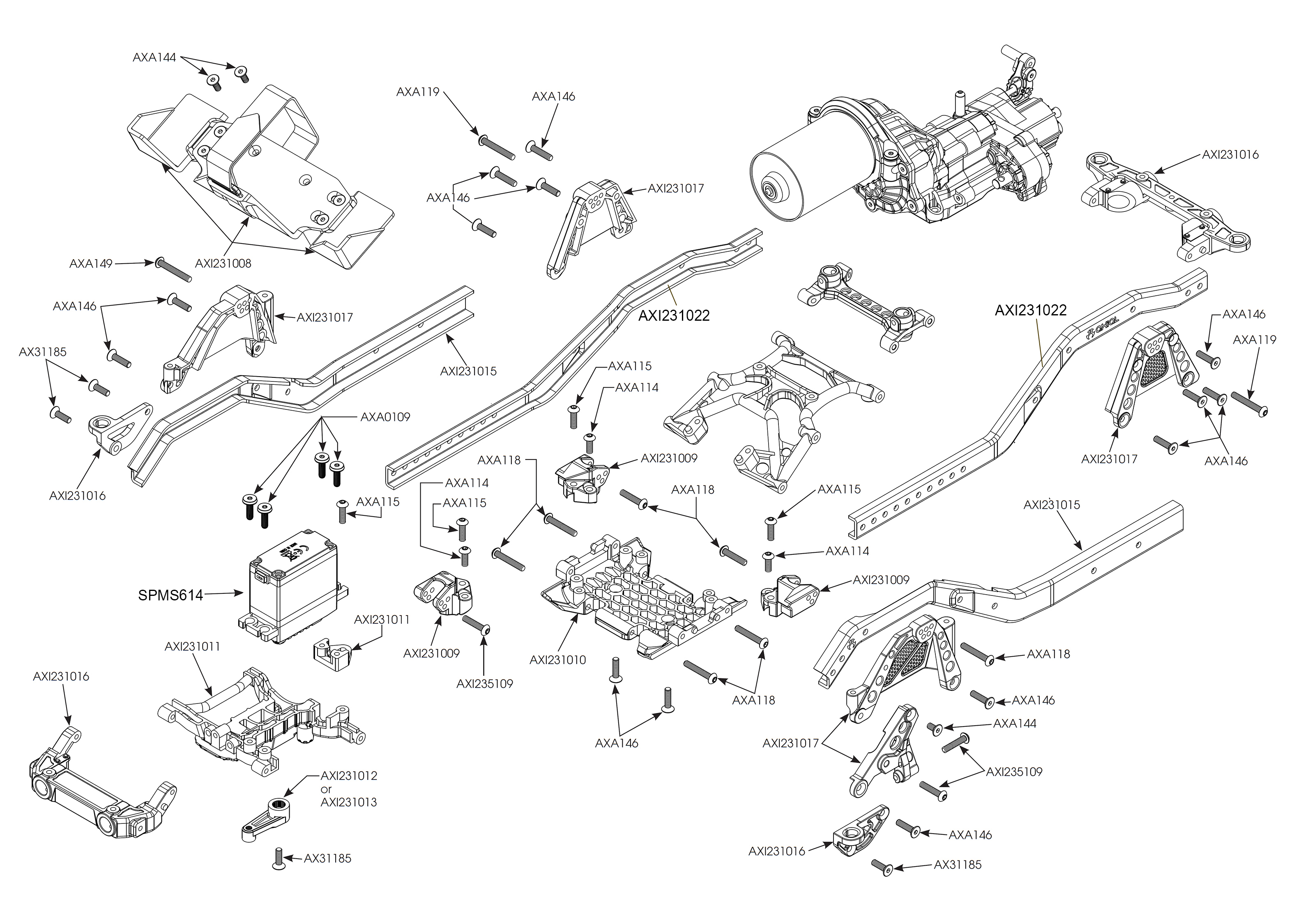 Exploded view: Axial SCX10 III Jeep JT Gladiator 4WD 1:10 RTR - Kostra ...