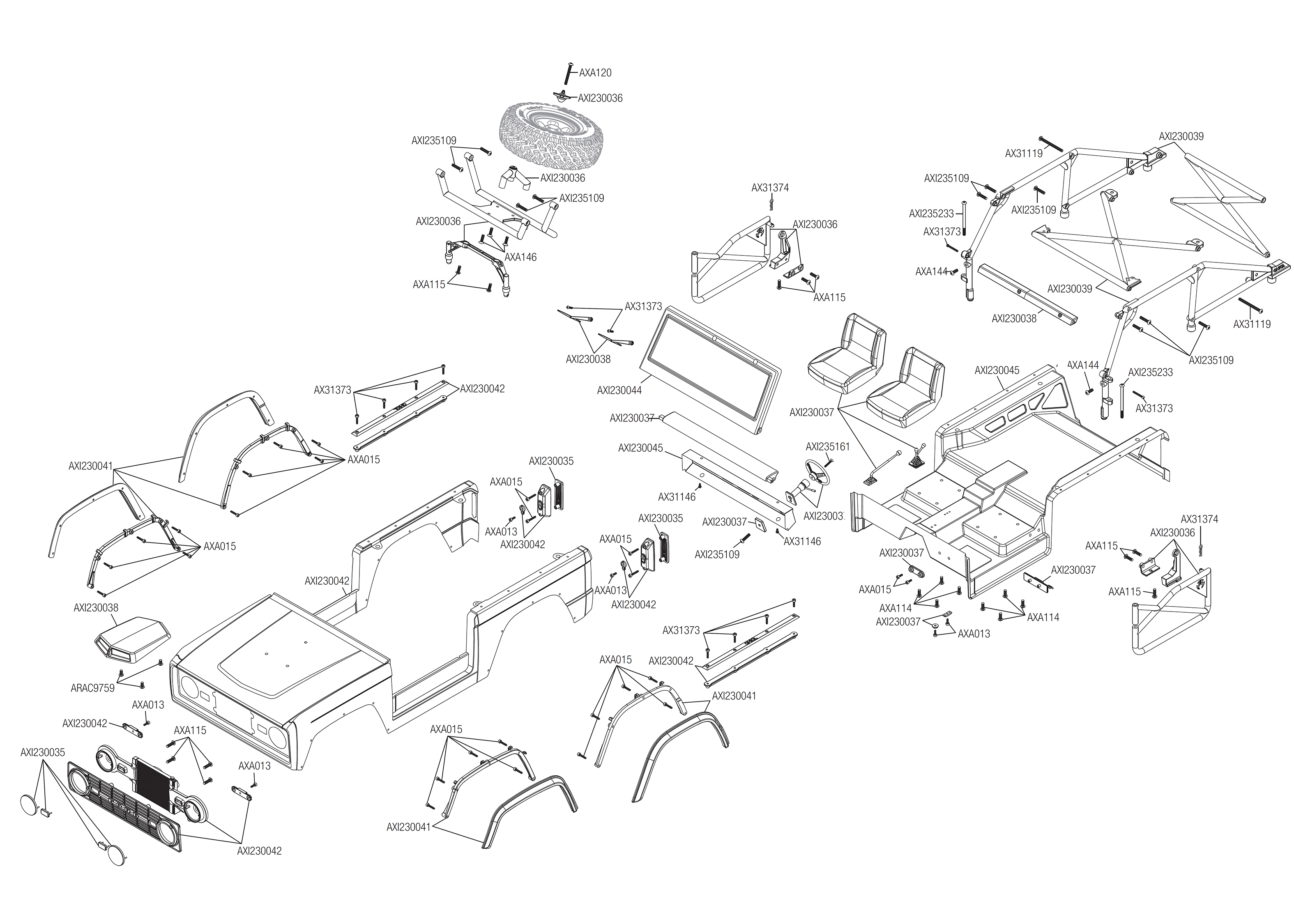 Exploded view: Axial SCX10 III Early Ford Bronco 4WD 1:10 - Body | Astra