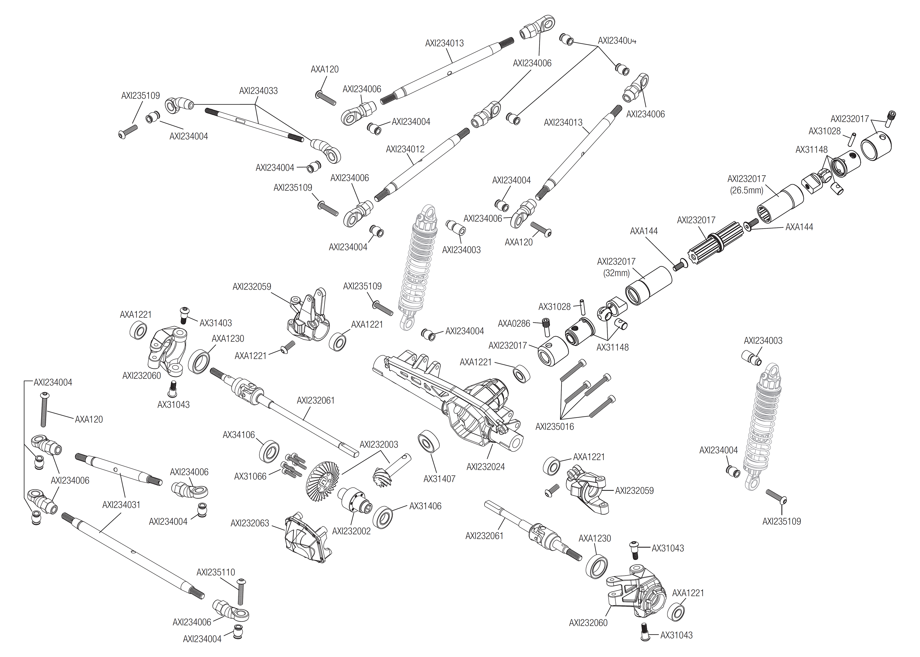 Exploded view: Axial SCX10 III Early Ford Bronco 4WD 1:10 - Front part ...