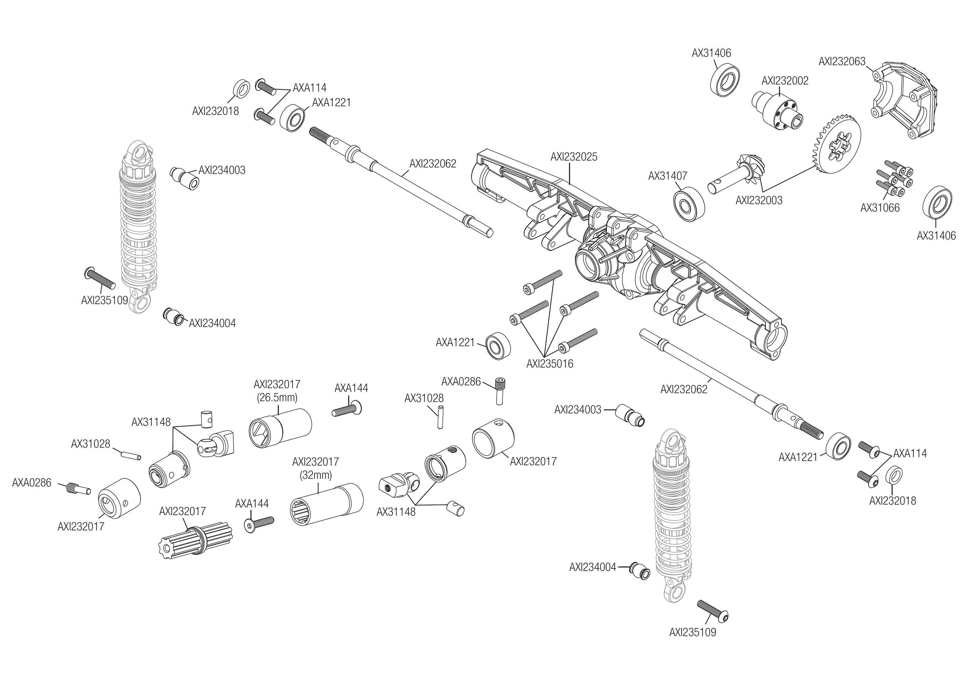 Exploded view: Axial SCX10 III Early Ford Bronco 4WD 1:10 - Rear part ...