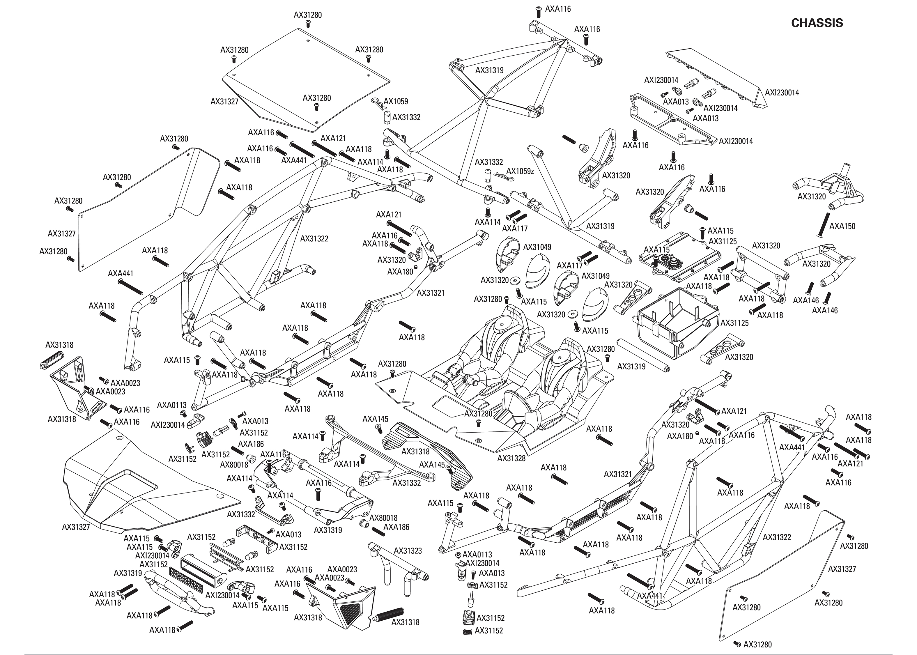Exploded view: Axial RR10 Bomber 2.0 4WD 1:10 RTR - Chassis | Astra