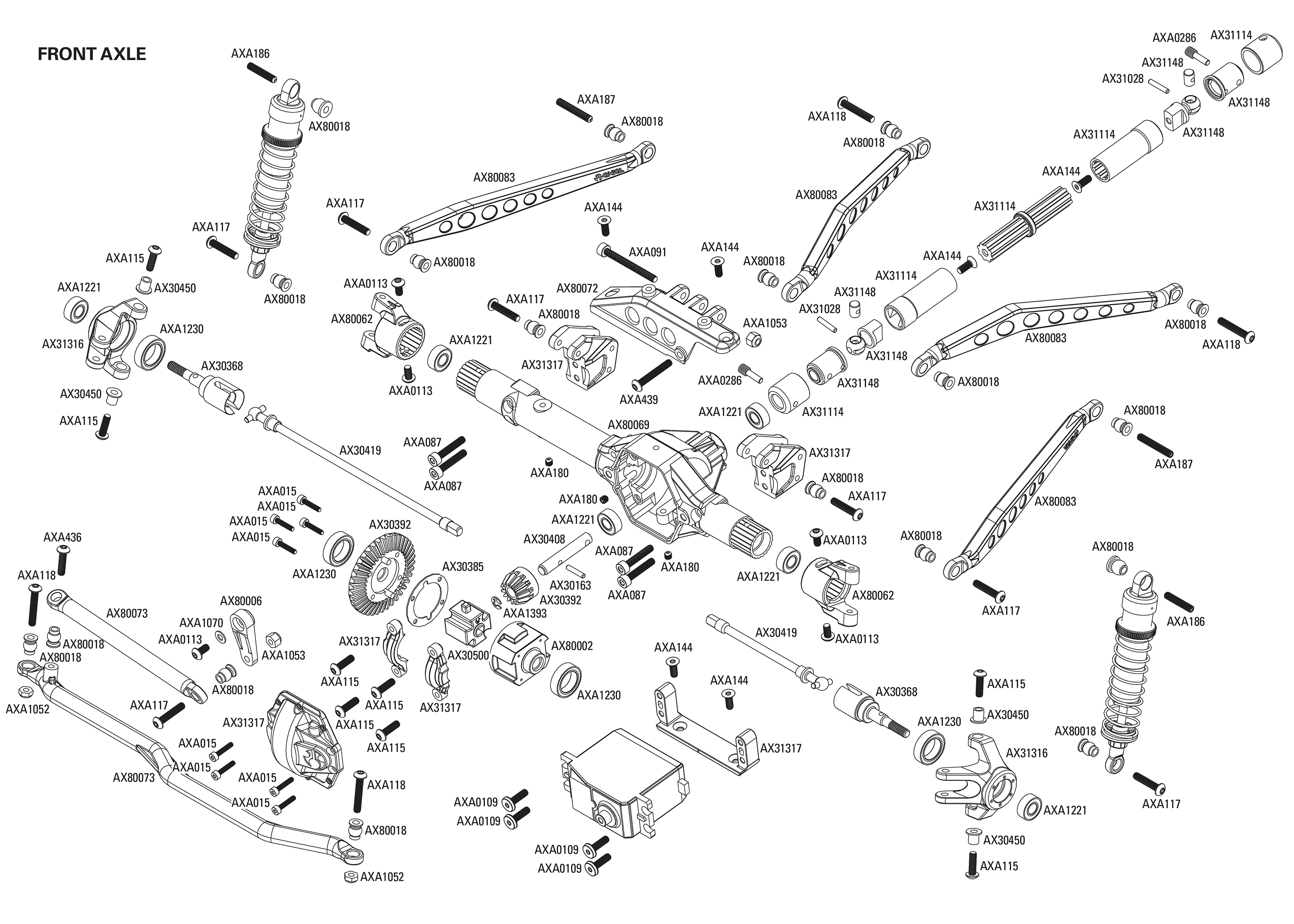 Exploded view: Axial RR10 Bomber 2.0 4WD 1:10 RTR - Front part | Astra