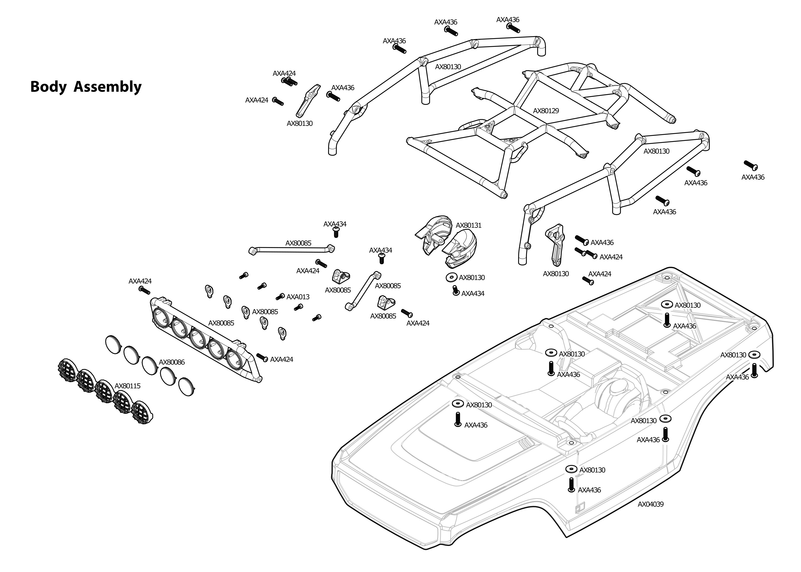 Exploded view: Axial SCX10 II Deadbolt 1:10 4WD RTR - Body | Astra