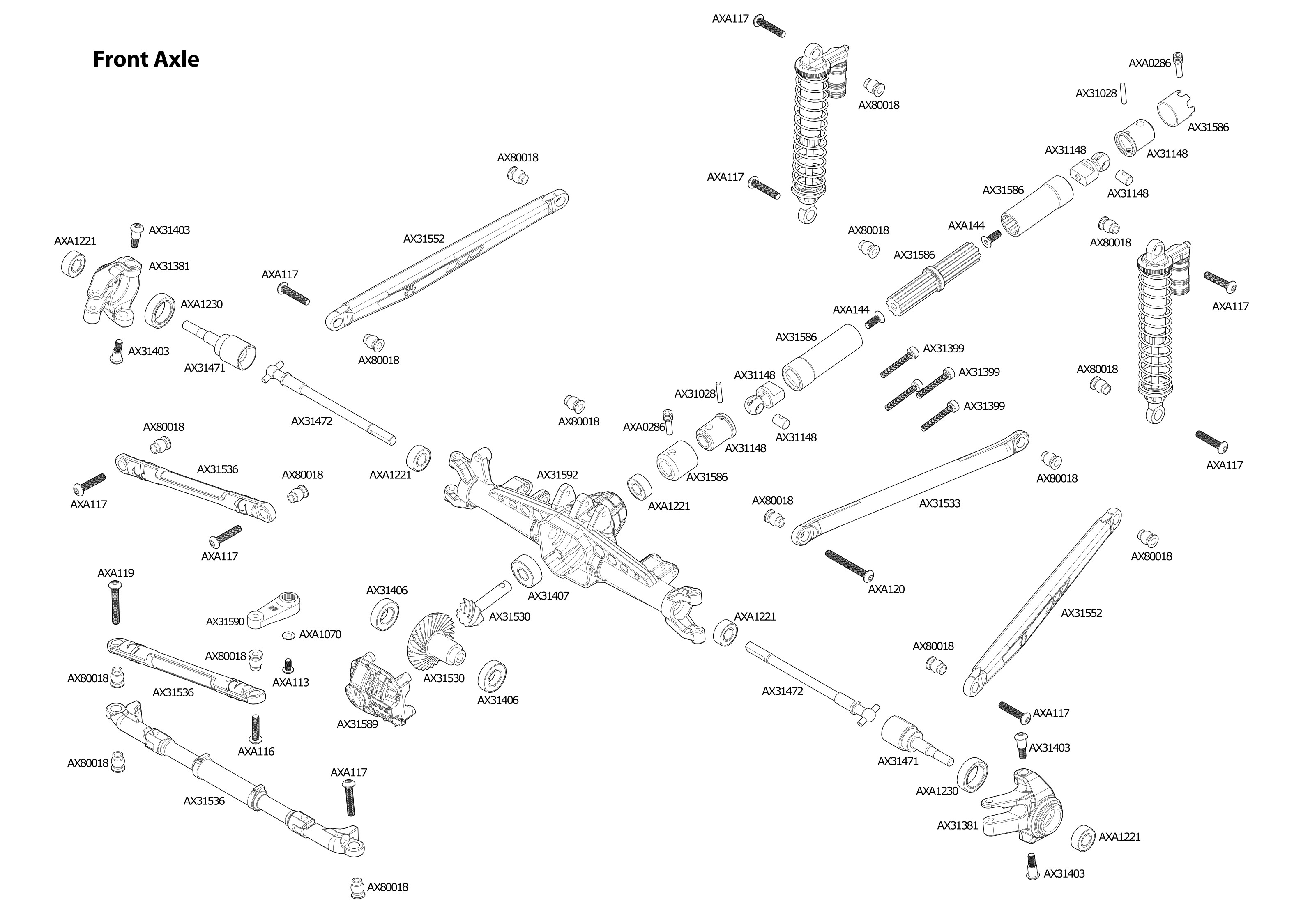 Exploded view: Axial SCX10 II Deadbolt 1:10 4WD RTR - Front part | Astra