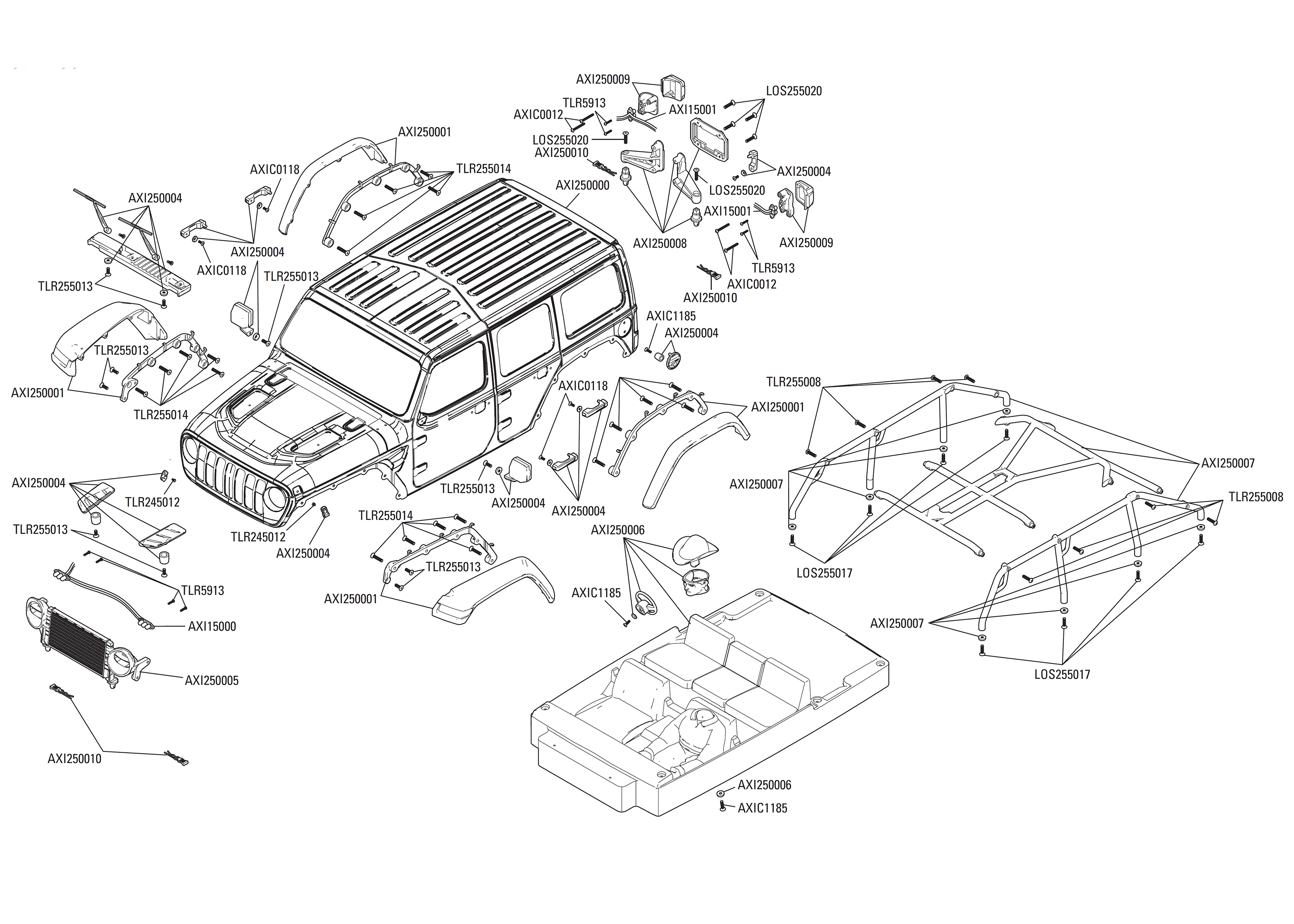Exploded view: Axial SCX6 Jeep JLU Wranger 1:6 4WD RTR - Body | Astra