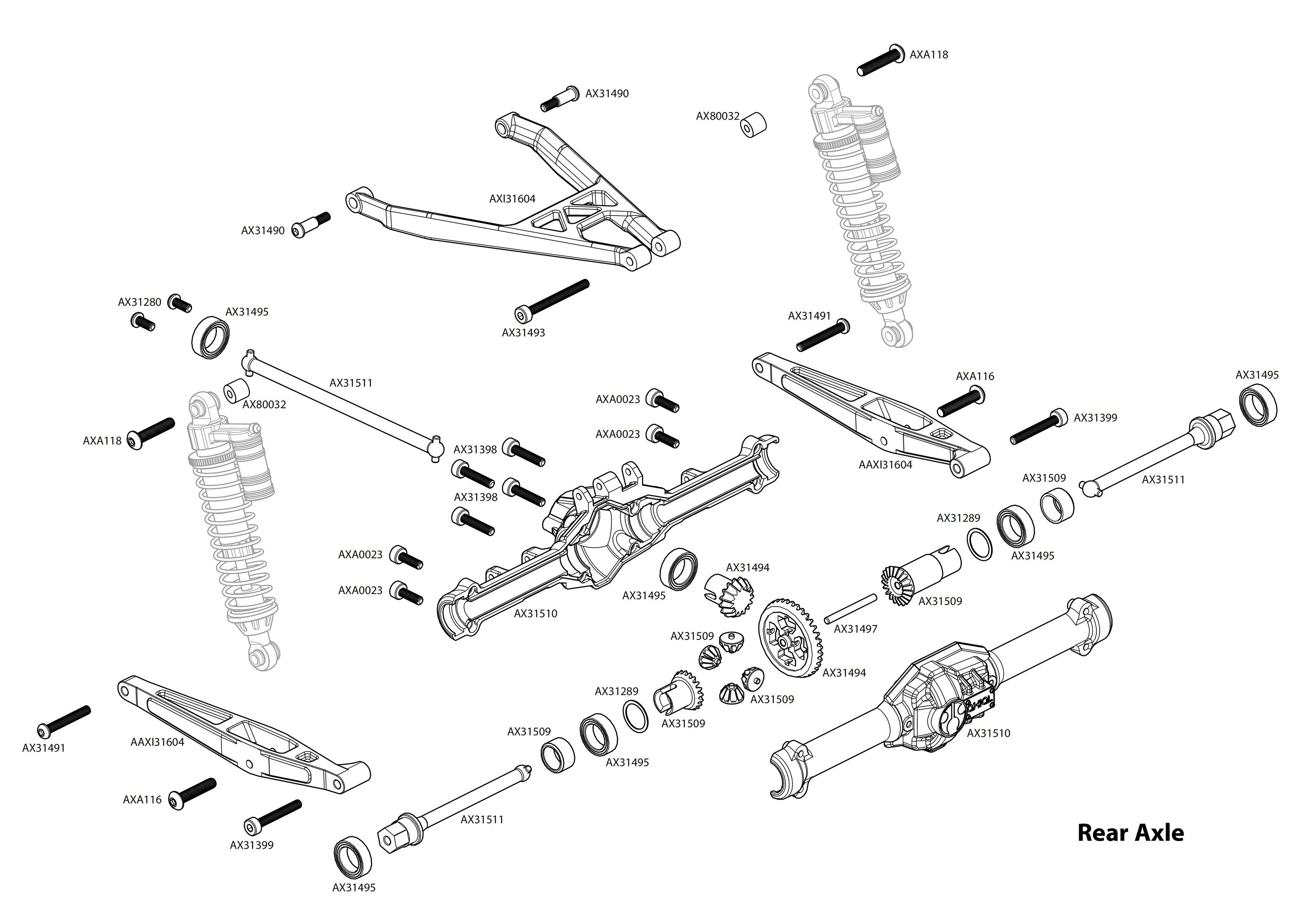Exploded view: Axial Yeti Jr. Can-Am Maverick 4WD 1:18 RTR - Rear part ...