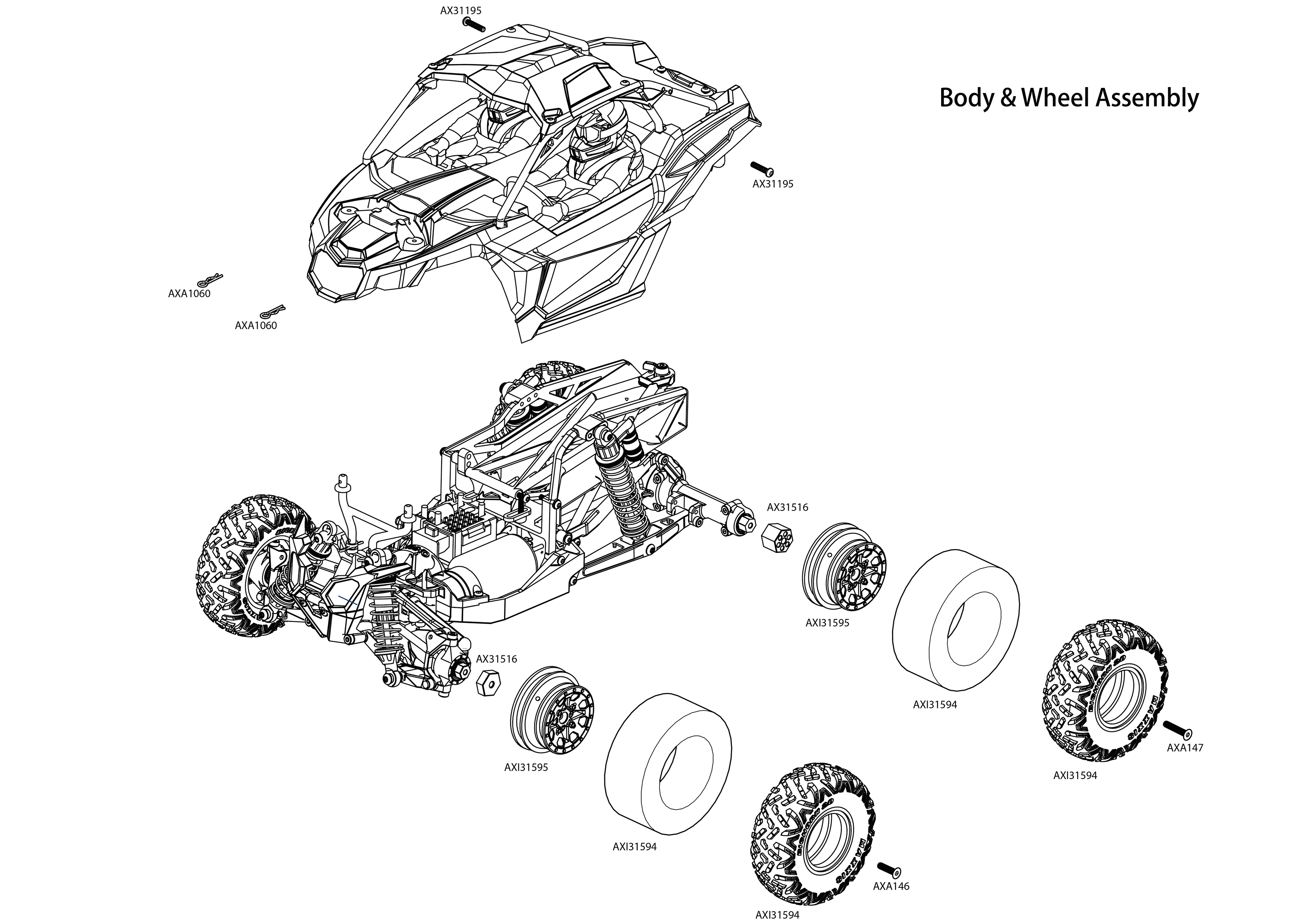 Exploded view: Axial Yeti Jr. Can-Am Maverick 4WD 1:18 RTR - Disky a ...