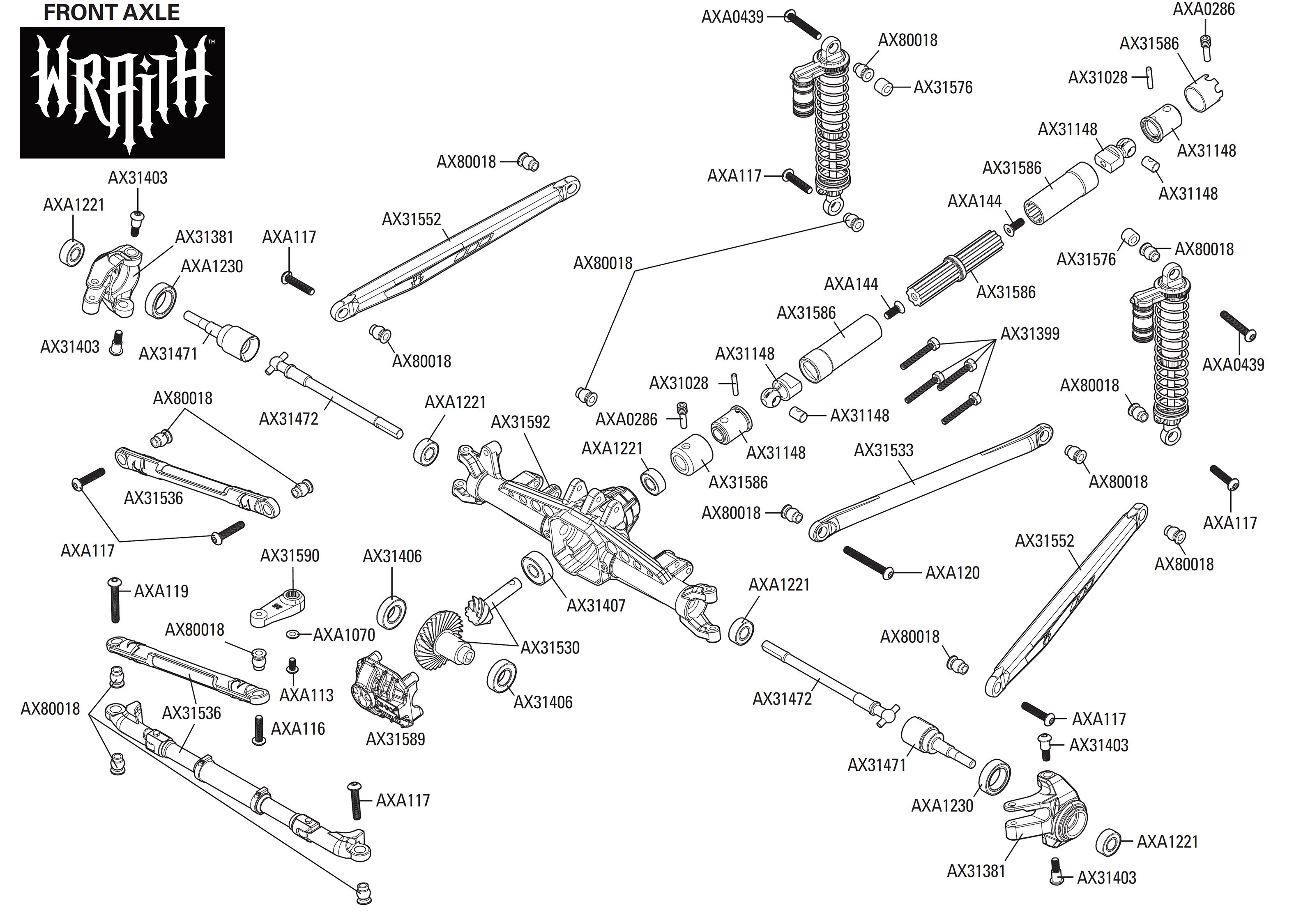 Exploded view: Axial Wraith 1.9 4WD 1:10 RTR - Front part | Astra