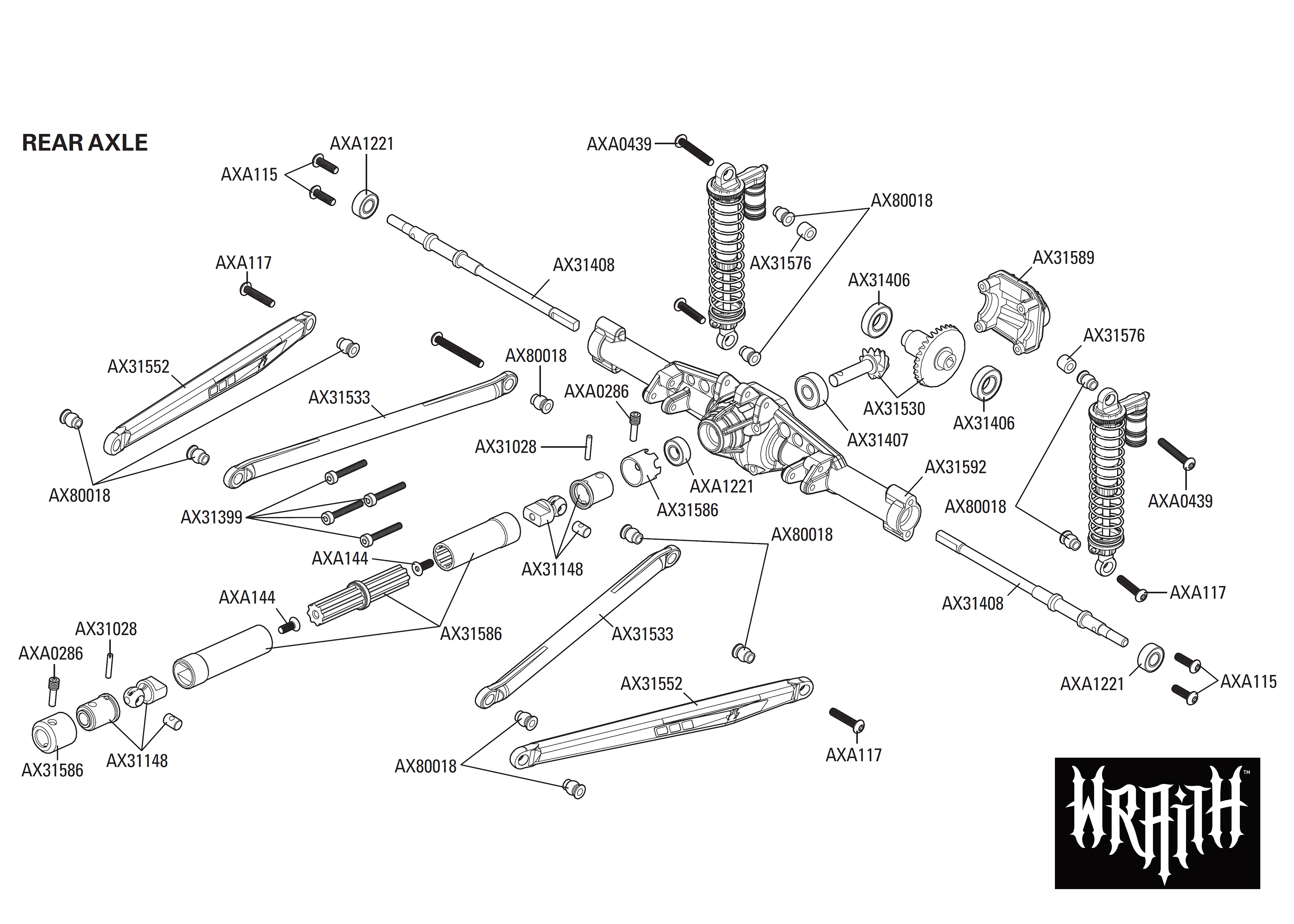 Exploded view: Axial Wraith 1.9 4WD 1:10 RTR - Rear part | Astra