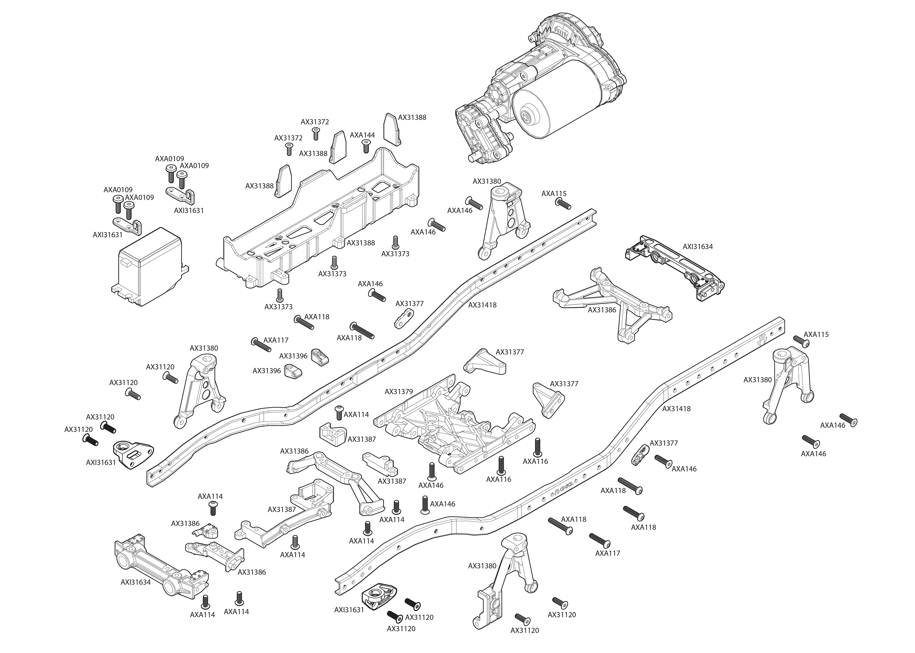 Exploded view: Axial SCX10 II UMG10 1:10 Kit - Chassis | Astra